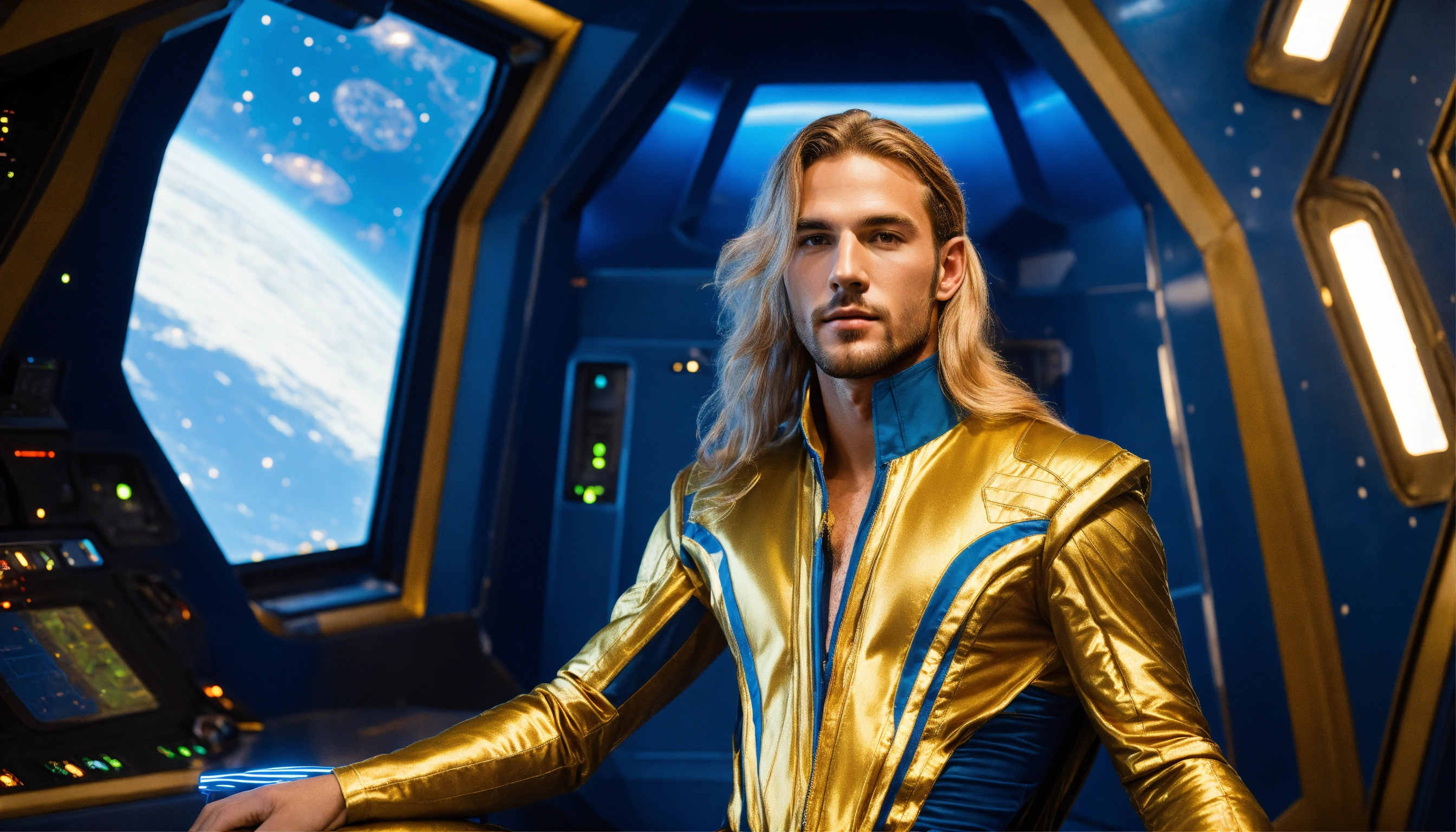 Lexica - Handsome galactic man in blue and gold jumpsuit, long light ...