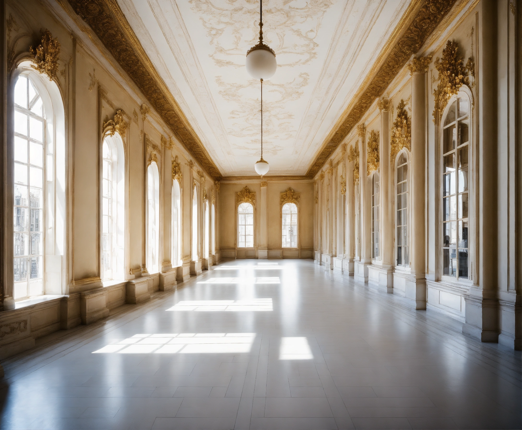 Lexica - Very long gallery white windows white floor white ceiling on a ...