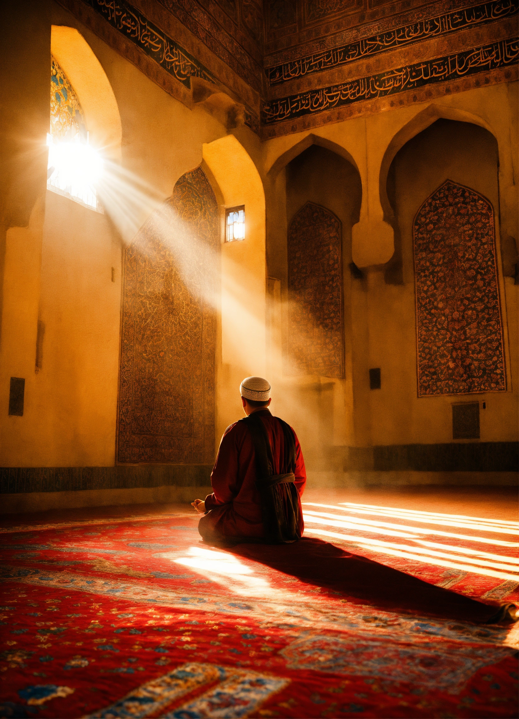 Lexica - A person praying in a mosque, rays of light shinning from the ...