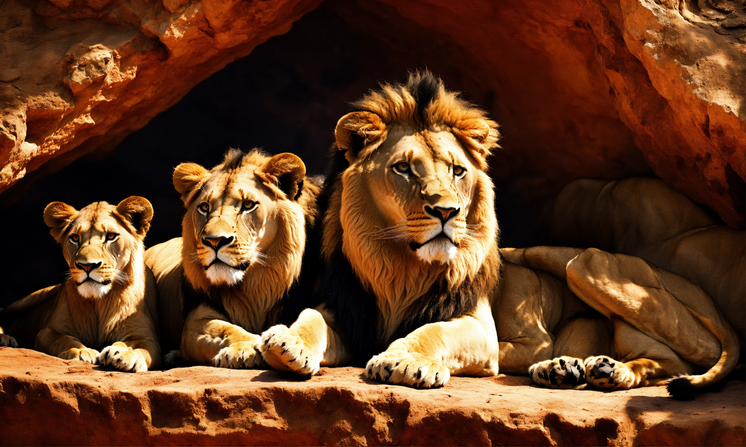 Lexica - A realistic image of several lions in a den