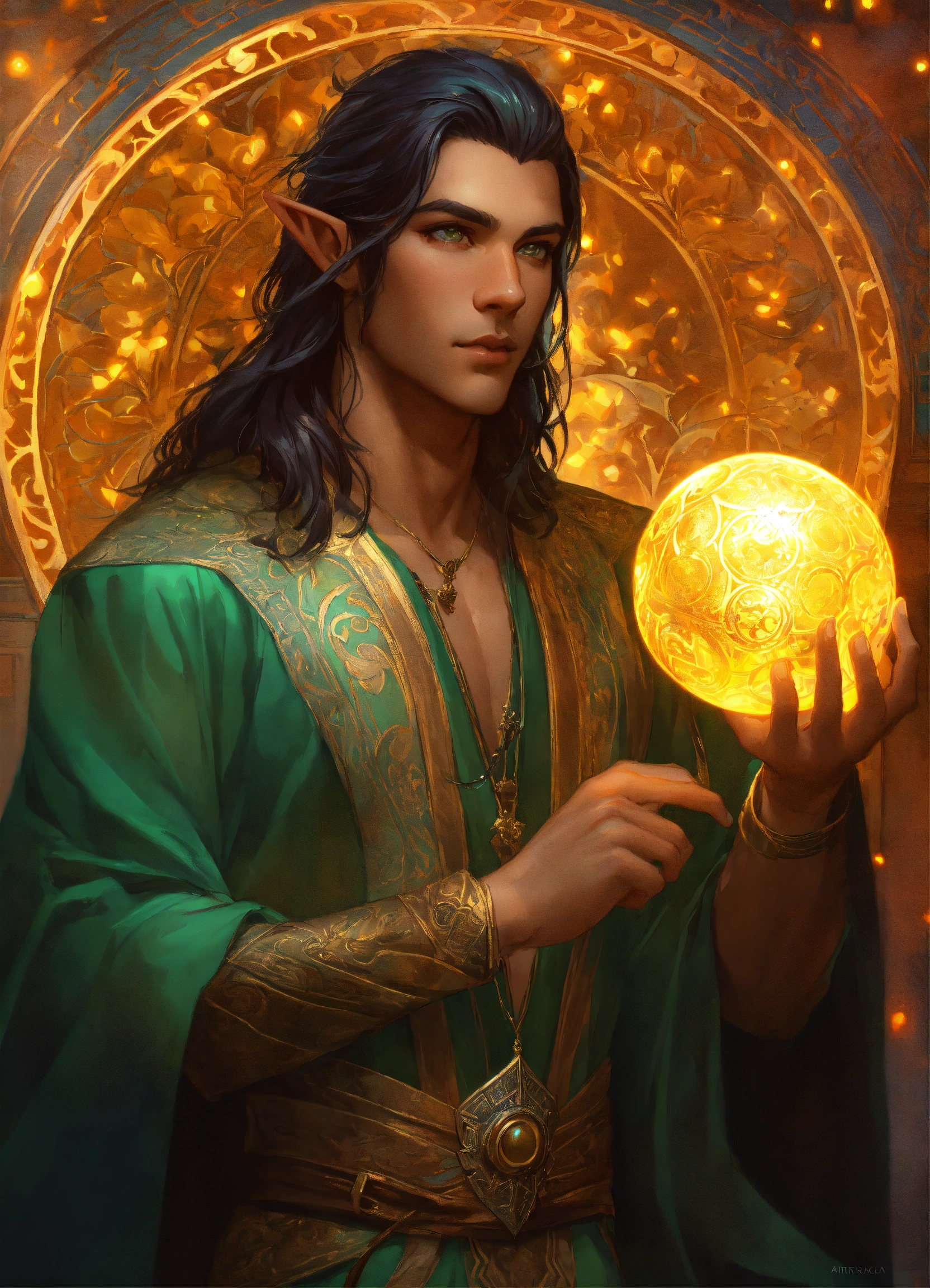 Lexica - Handsome Persian Male Elf sorcerer with glowing magical orb ...