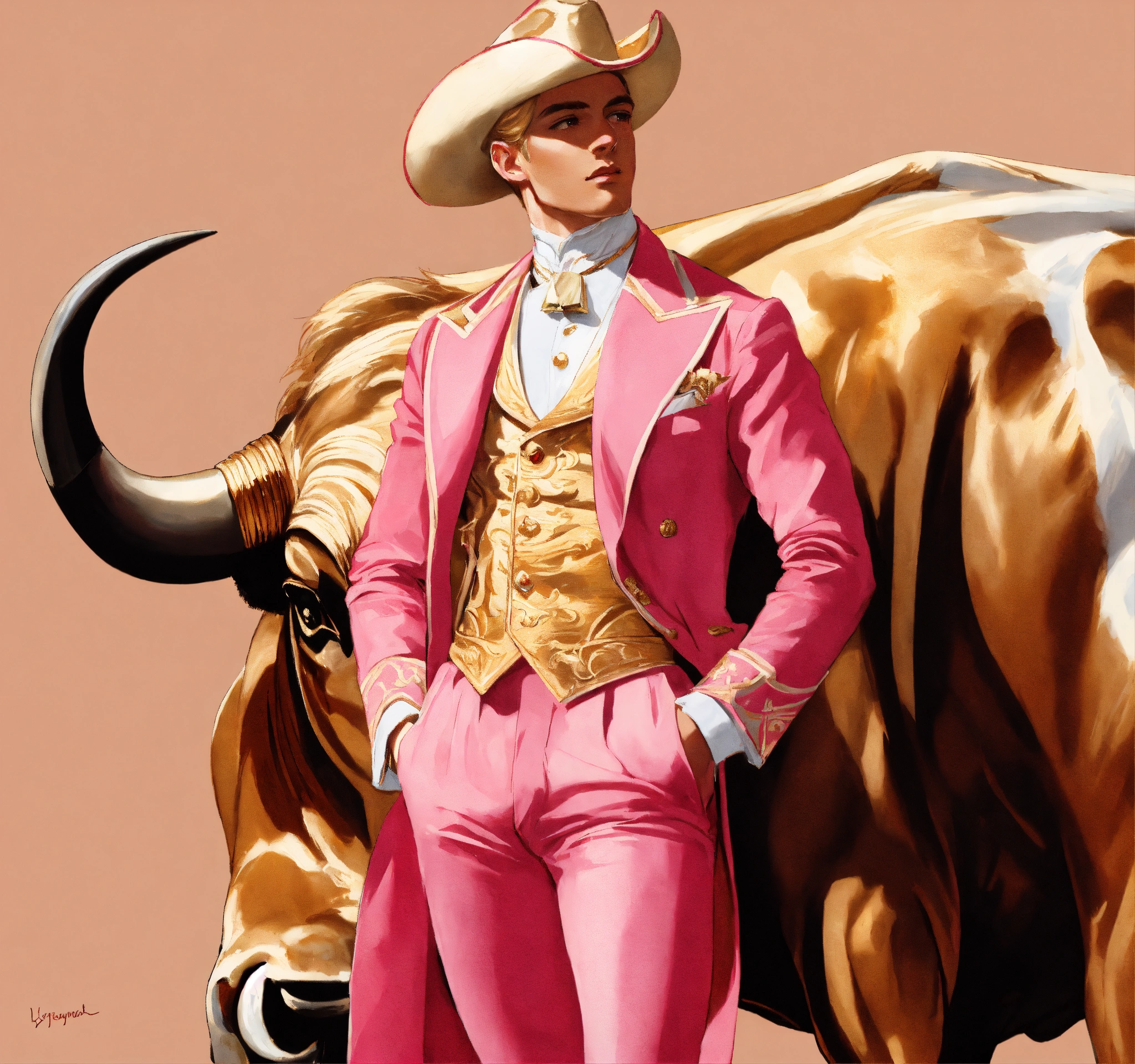 Lexica - A blonde male torero in pink and golden suit, white tight ...