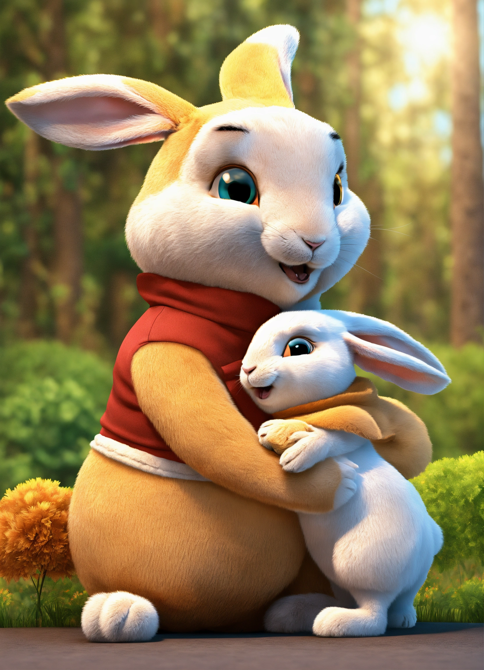 Lexica - 3d image of a mother rabbit giving a hug son and talking. 8k image