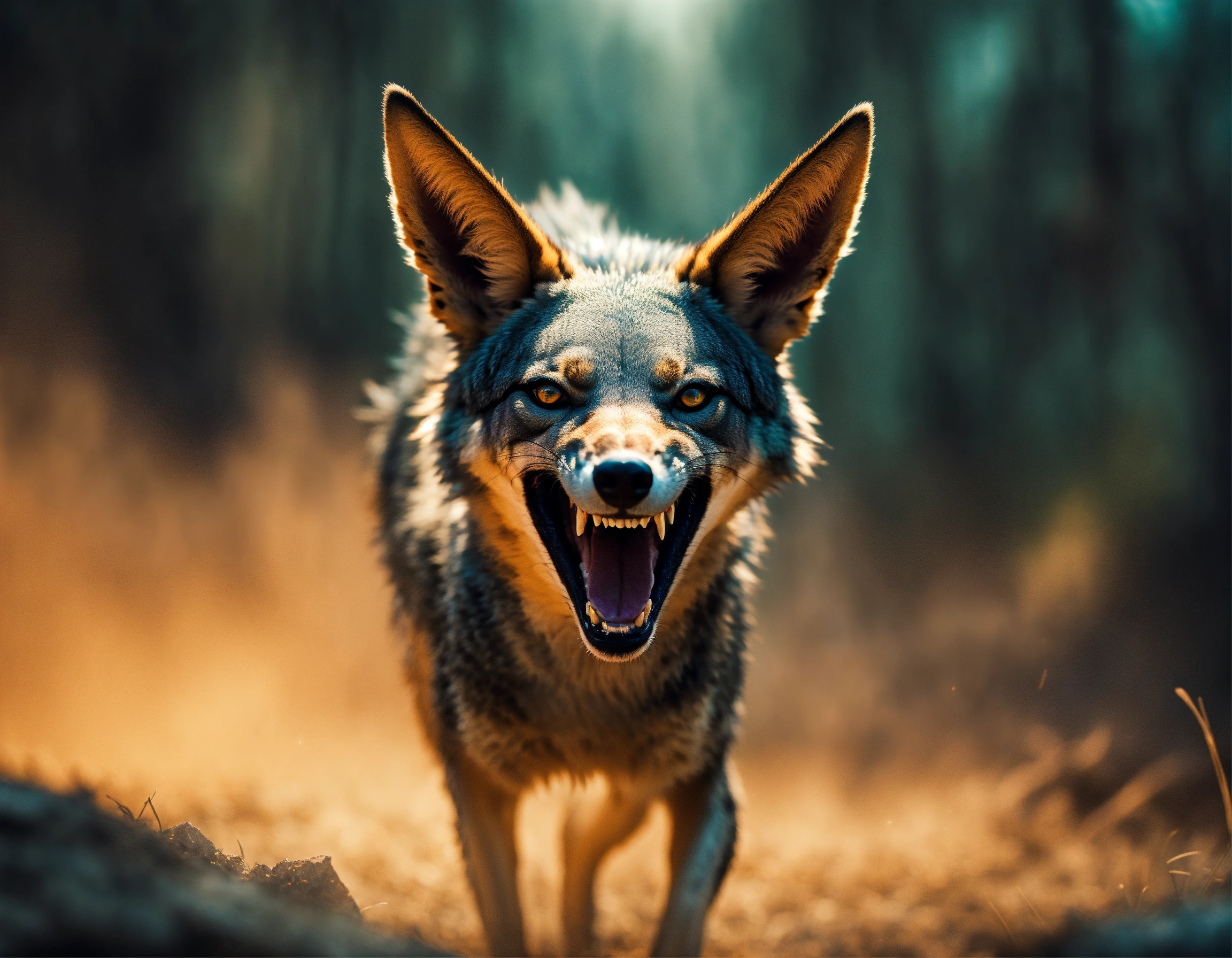 Lexica - One crazed slavering grinning evil jackal faces the camera ...