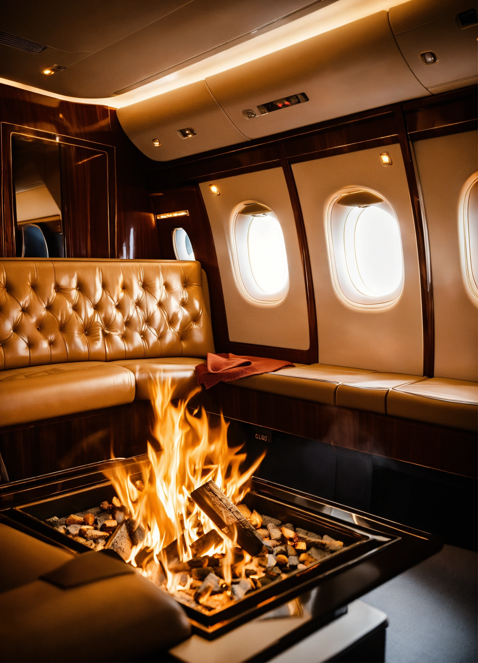 Lexica - Luxury first class airplane interior fireplace