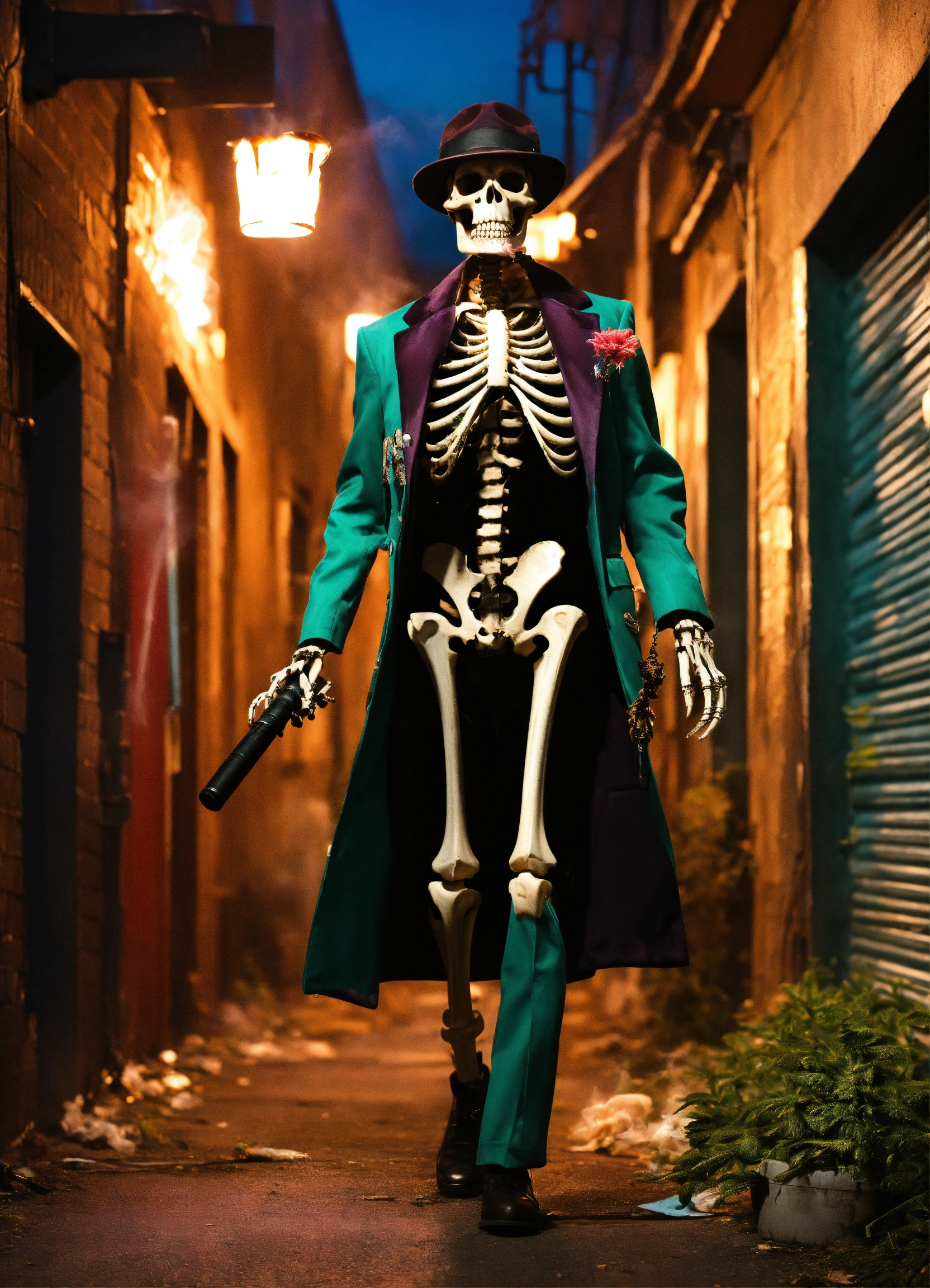 Lexica - A skeleton walking down an alley dressed like a mobster ...