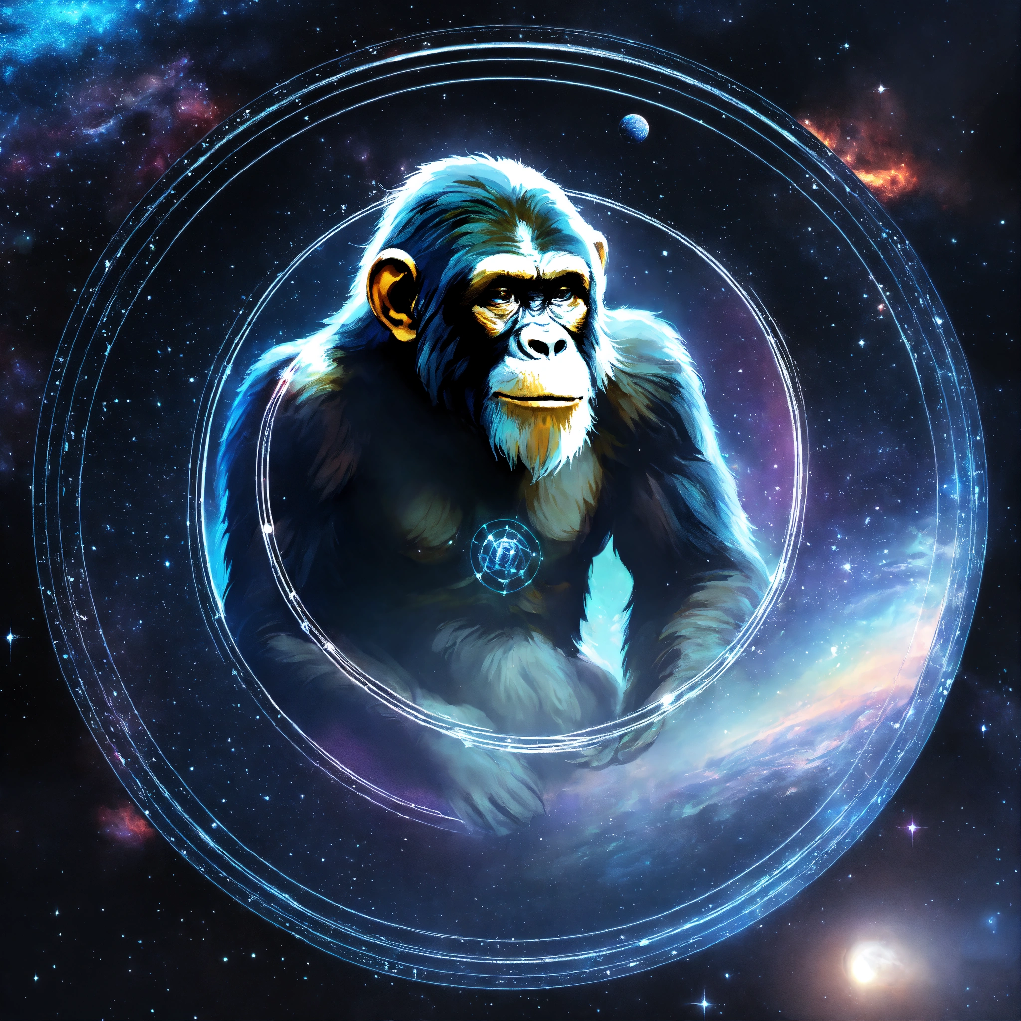 Lexica - Apes praying to a human god in space, in circle image ...
