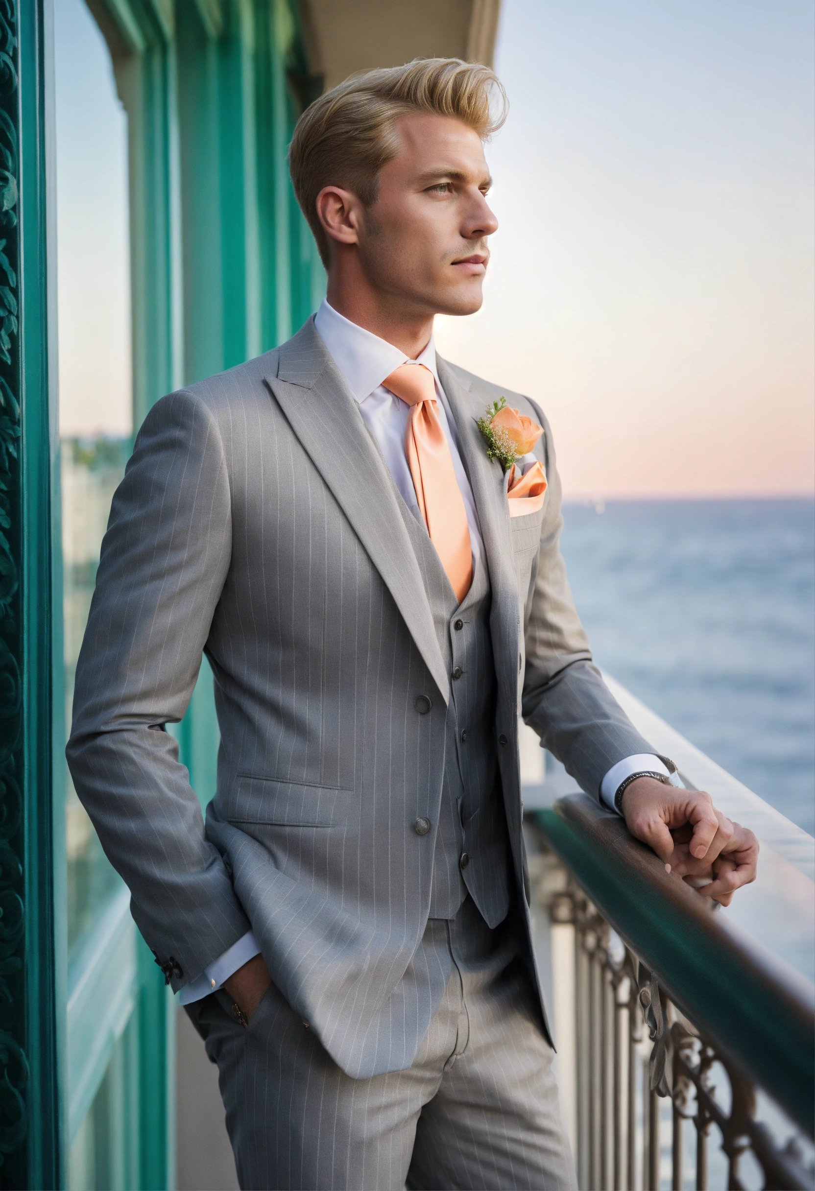 Lexica - A blonde male banker, light grey pinstripe vested suit, peach ...