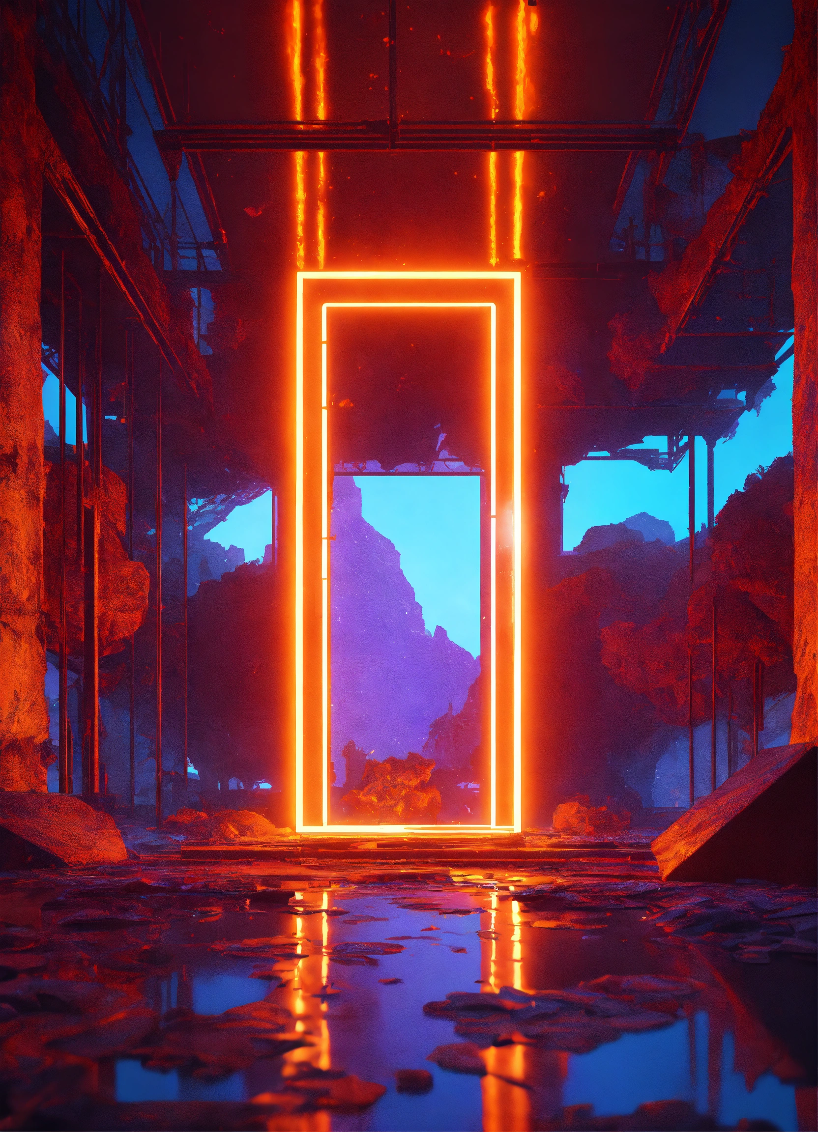 Lexica - Blend, water with fire inside of a floating skyland, mirrors ...