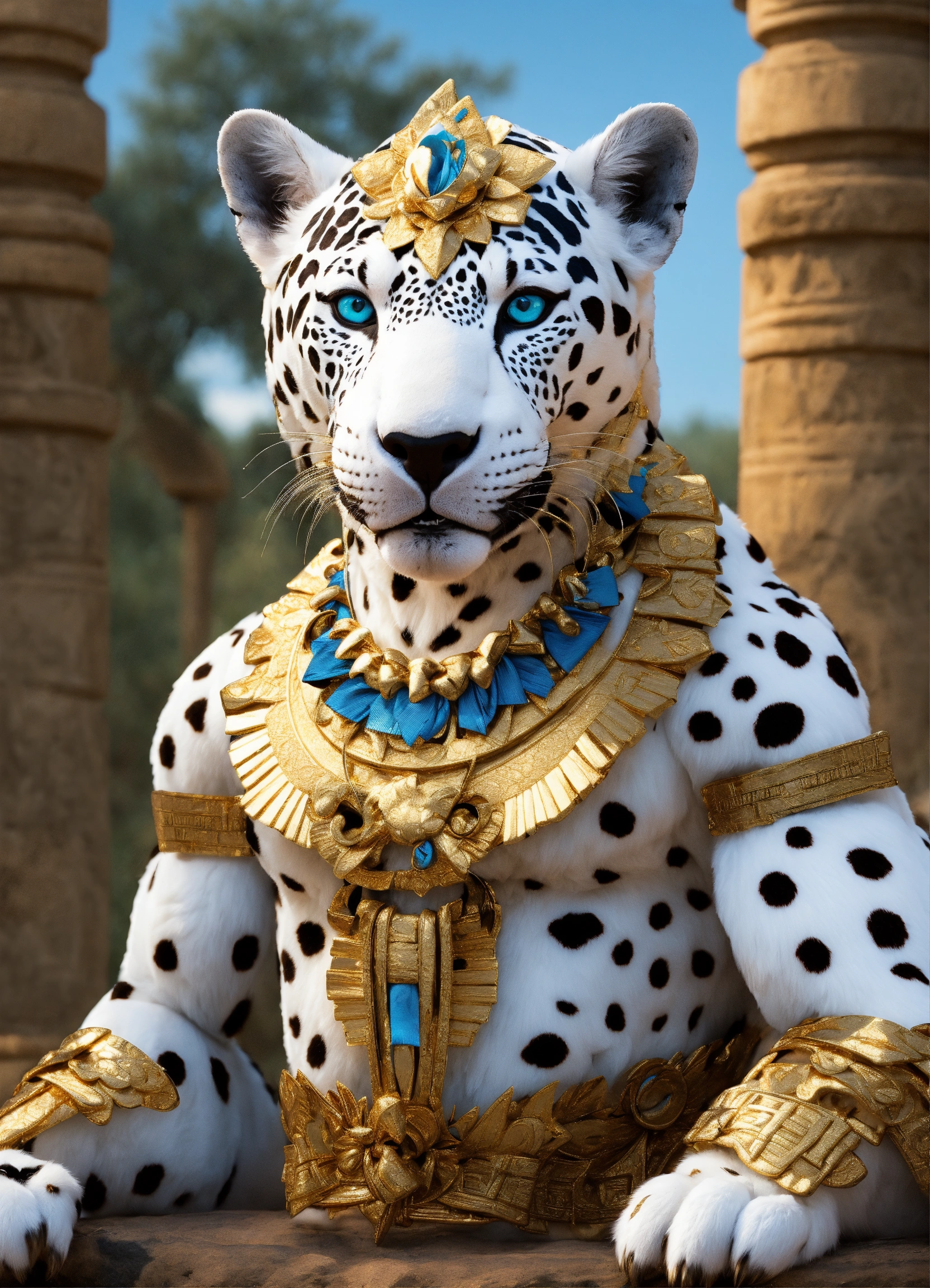 Lexica - Jaguar anthromorph, white fur gold rosette spots, blue eyes ...