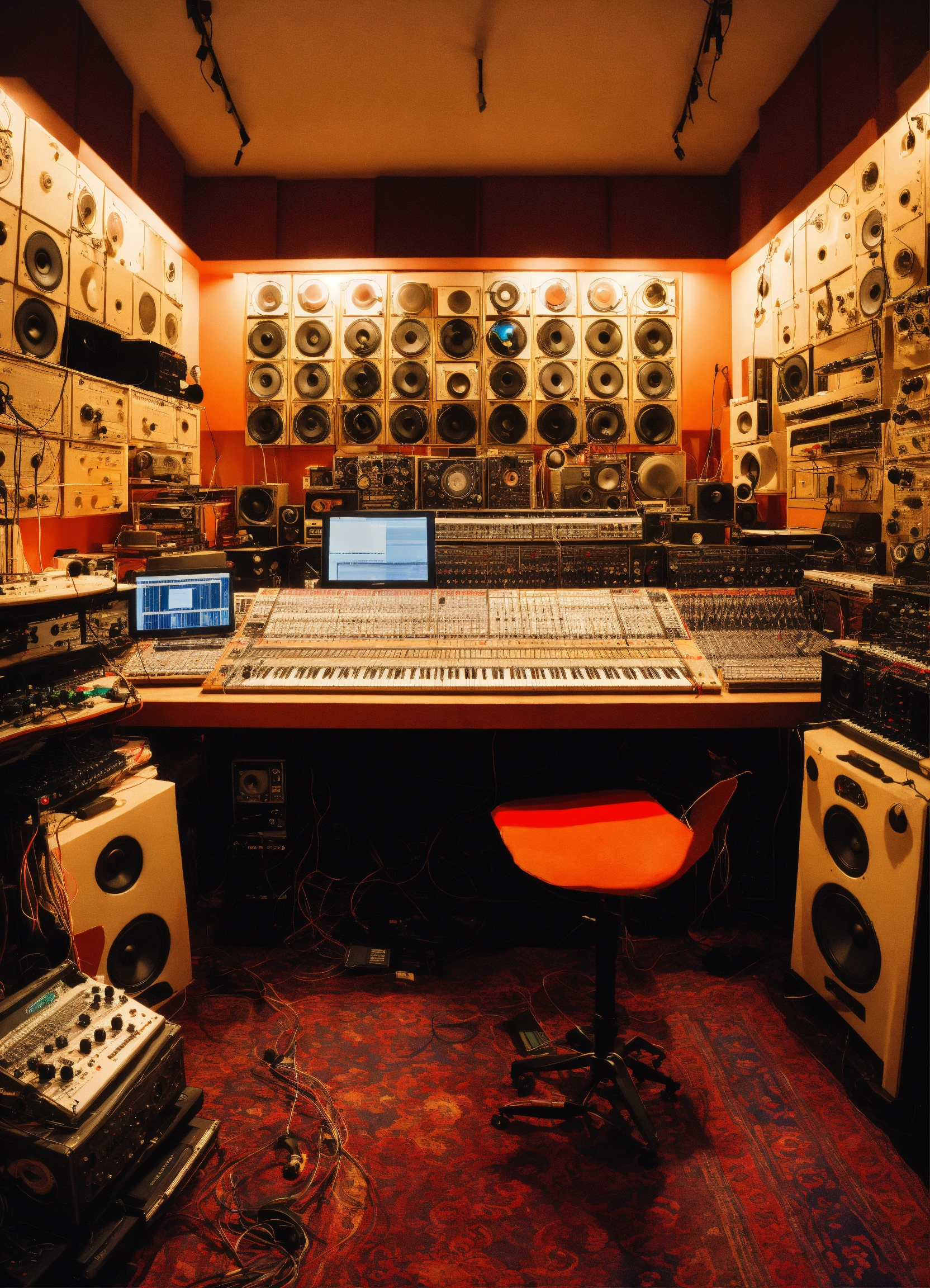 Lexica - Close up photography, a large white music studio full of machines, synthetizer, cables ...