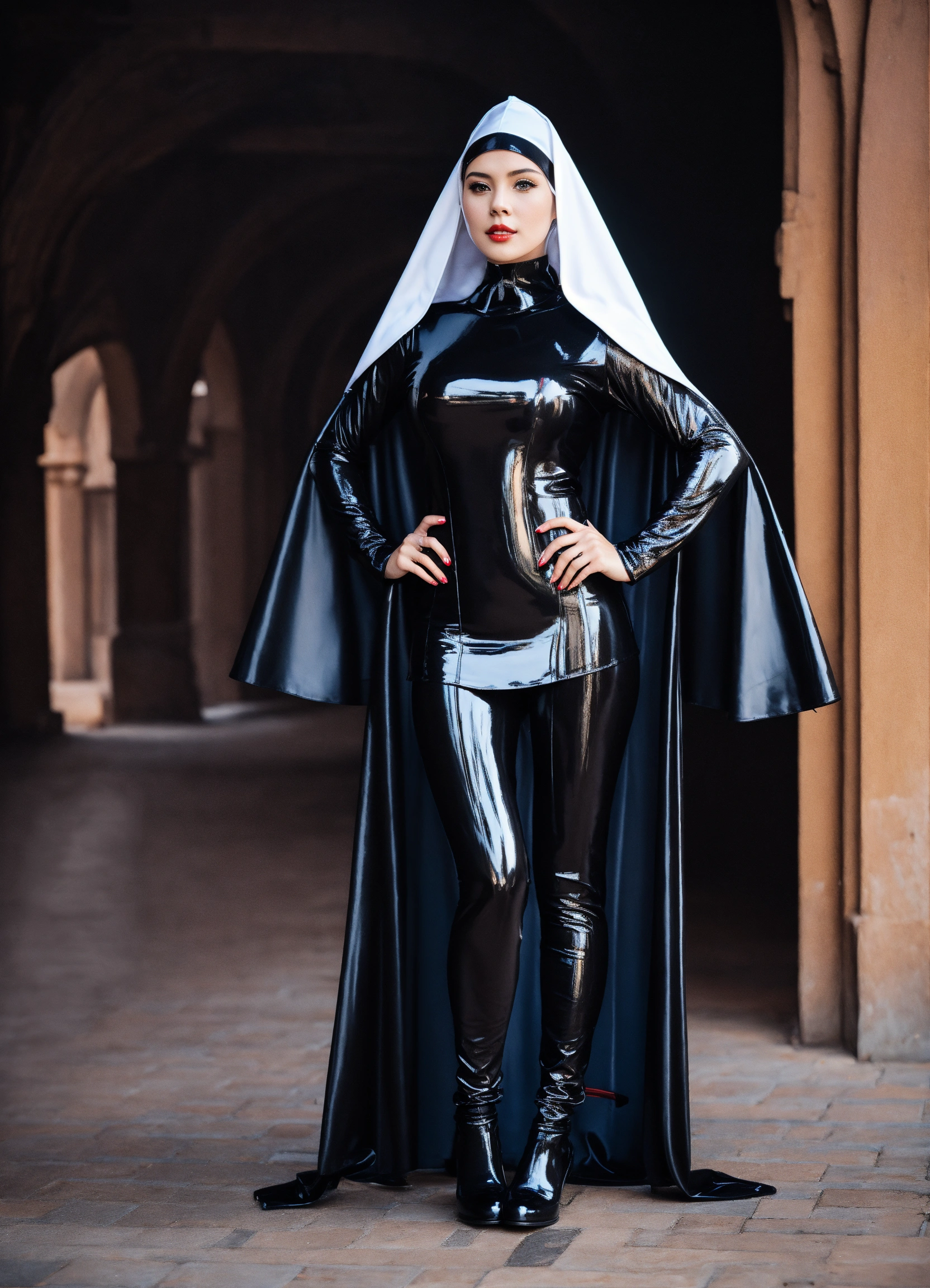 Lexica - Woman cosplaying glossy rubber nun outfit