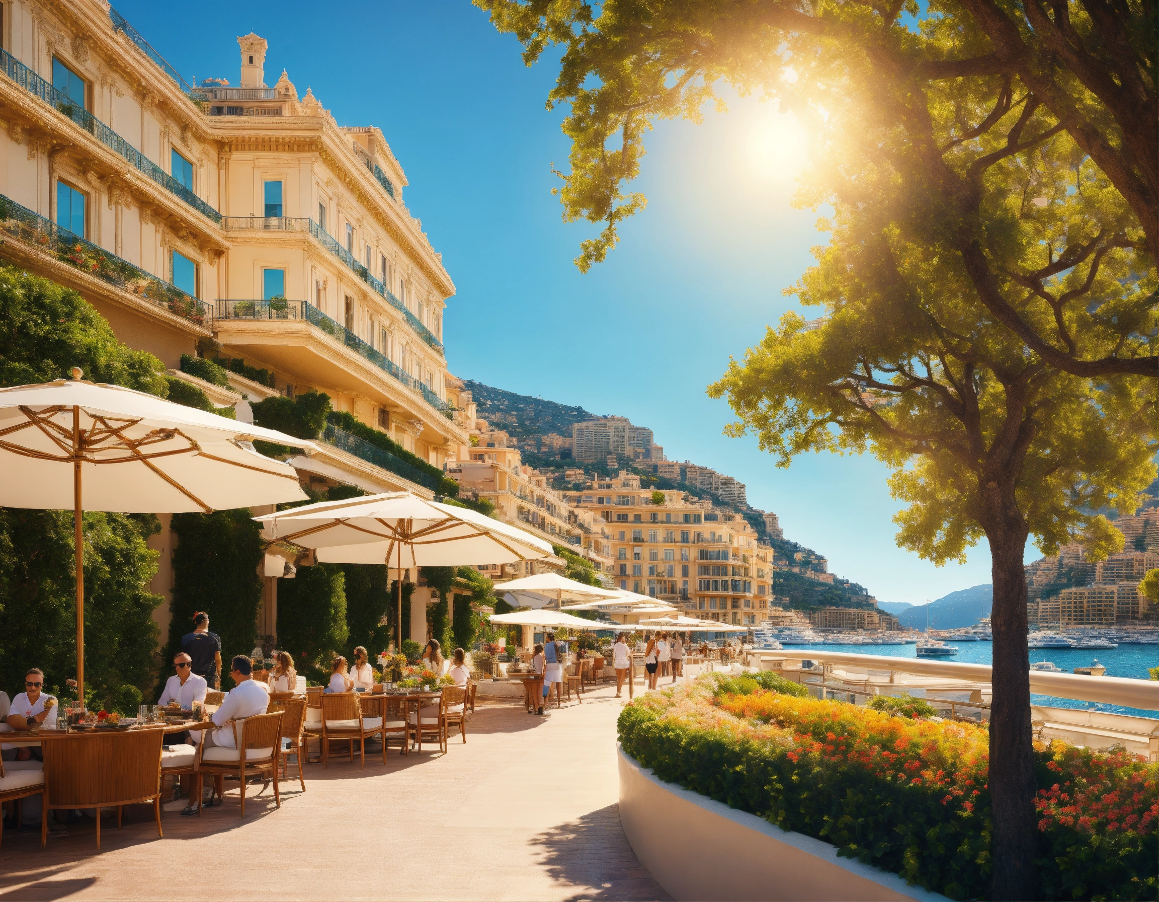 Lexica - Wide promenade of Monaco, sun shining, blue sky, successful ...