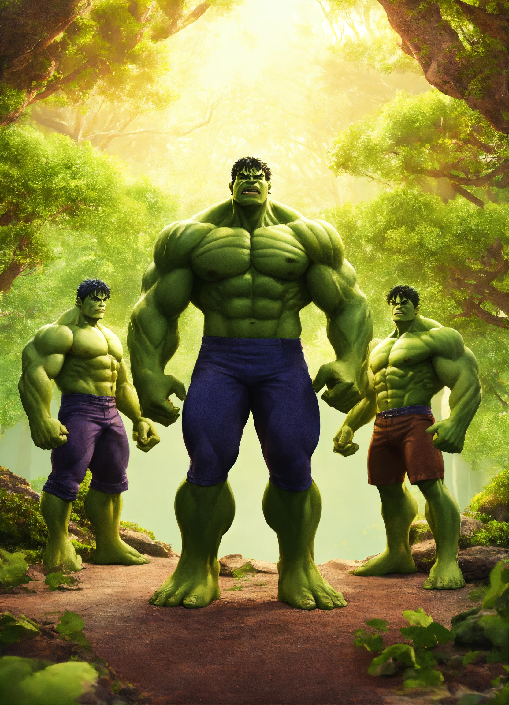 Lexica - 3 Hulk standing together, nature background, 2D render