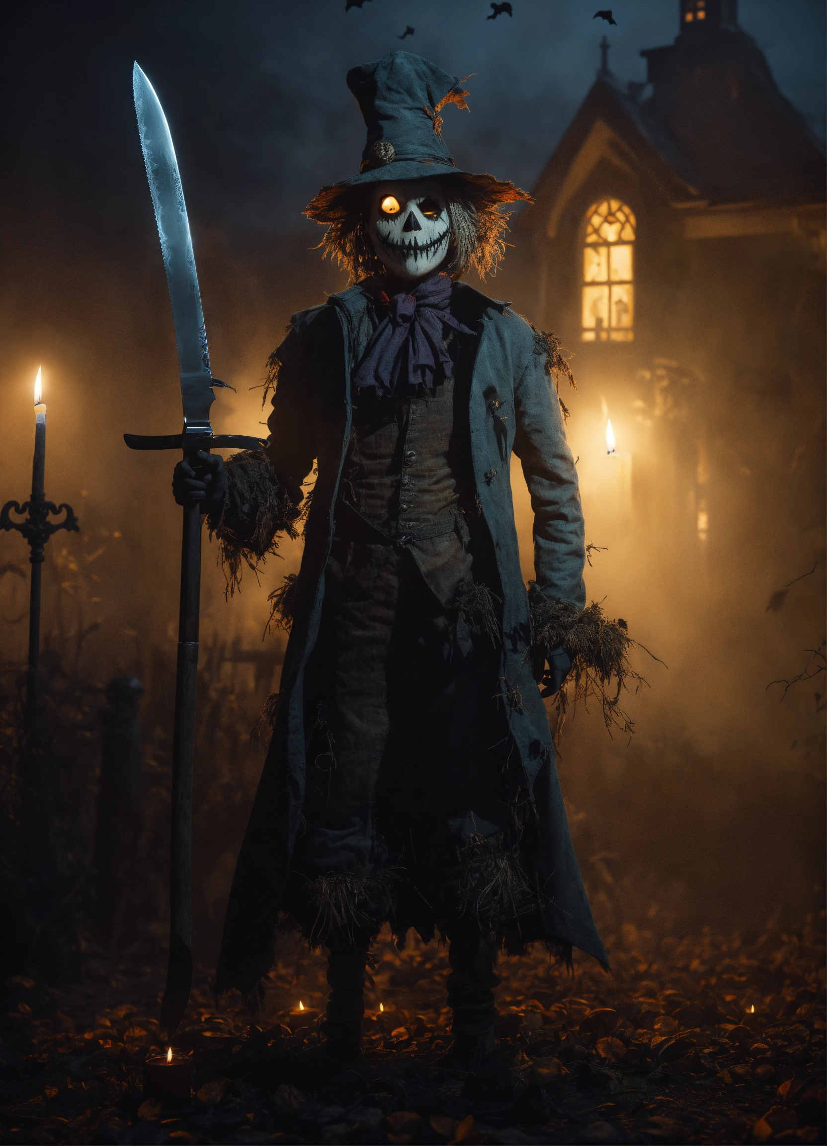 Lexica - A very scary scarecrow holding a large knife, Halloween, night ...