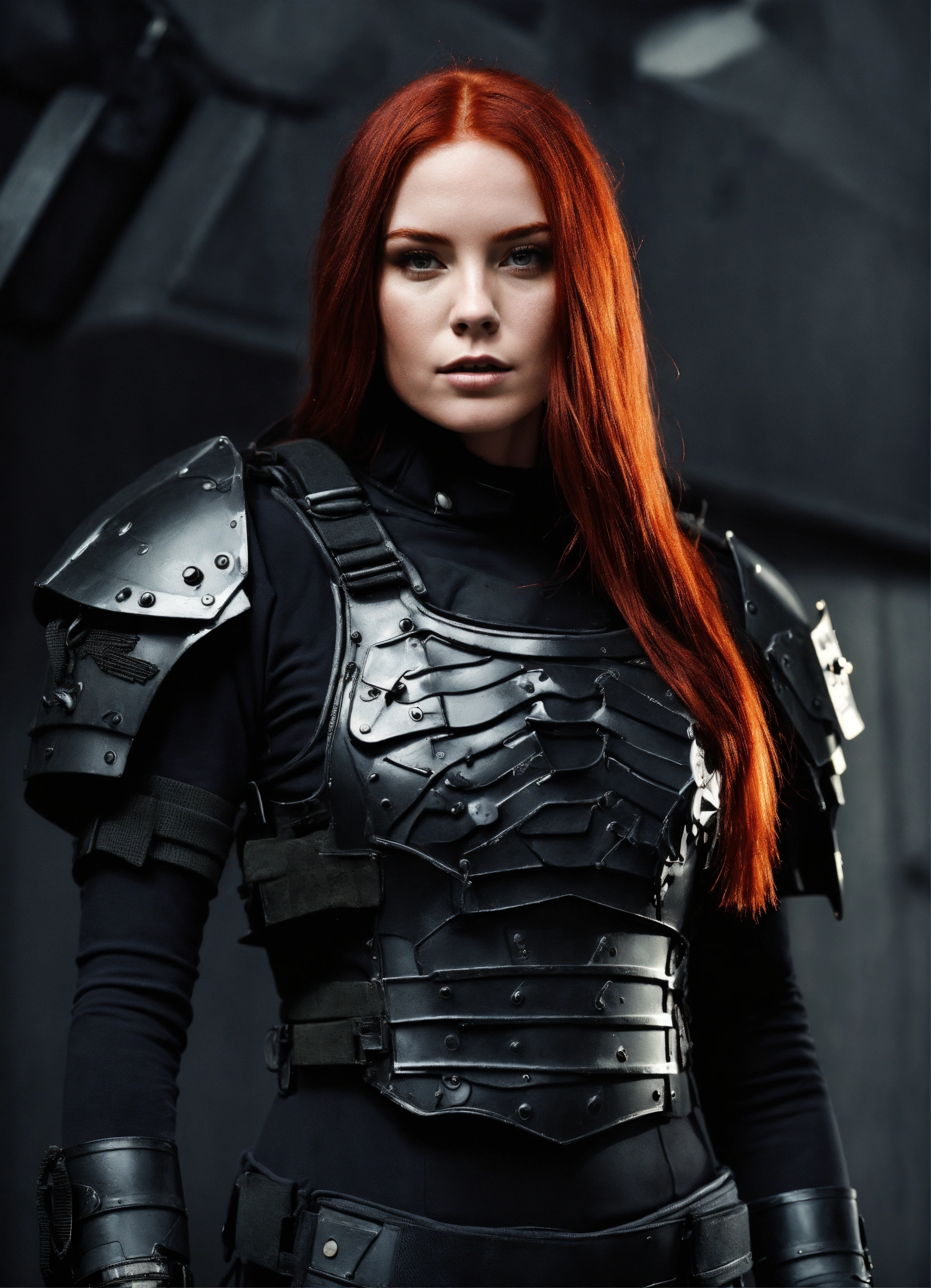 Lexica - Female athletic red hair model wearing black metal military ...