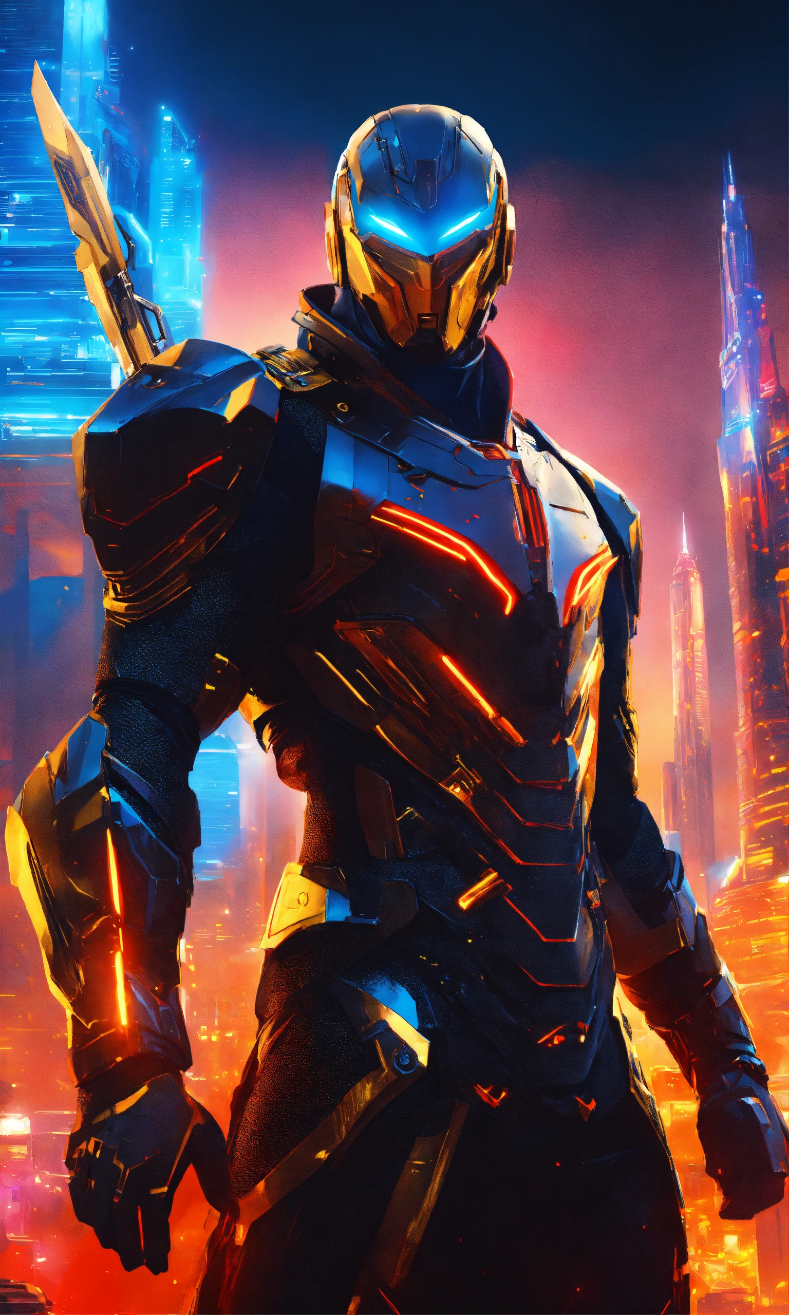 Lexica - Futuristic superhero, wearing suit of black armor, neon blue ...