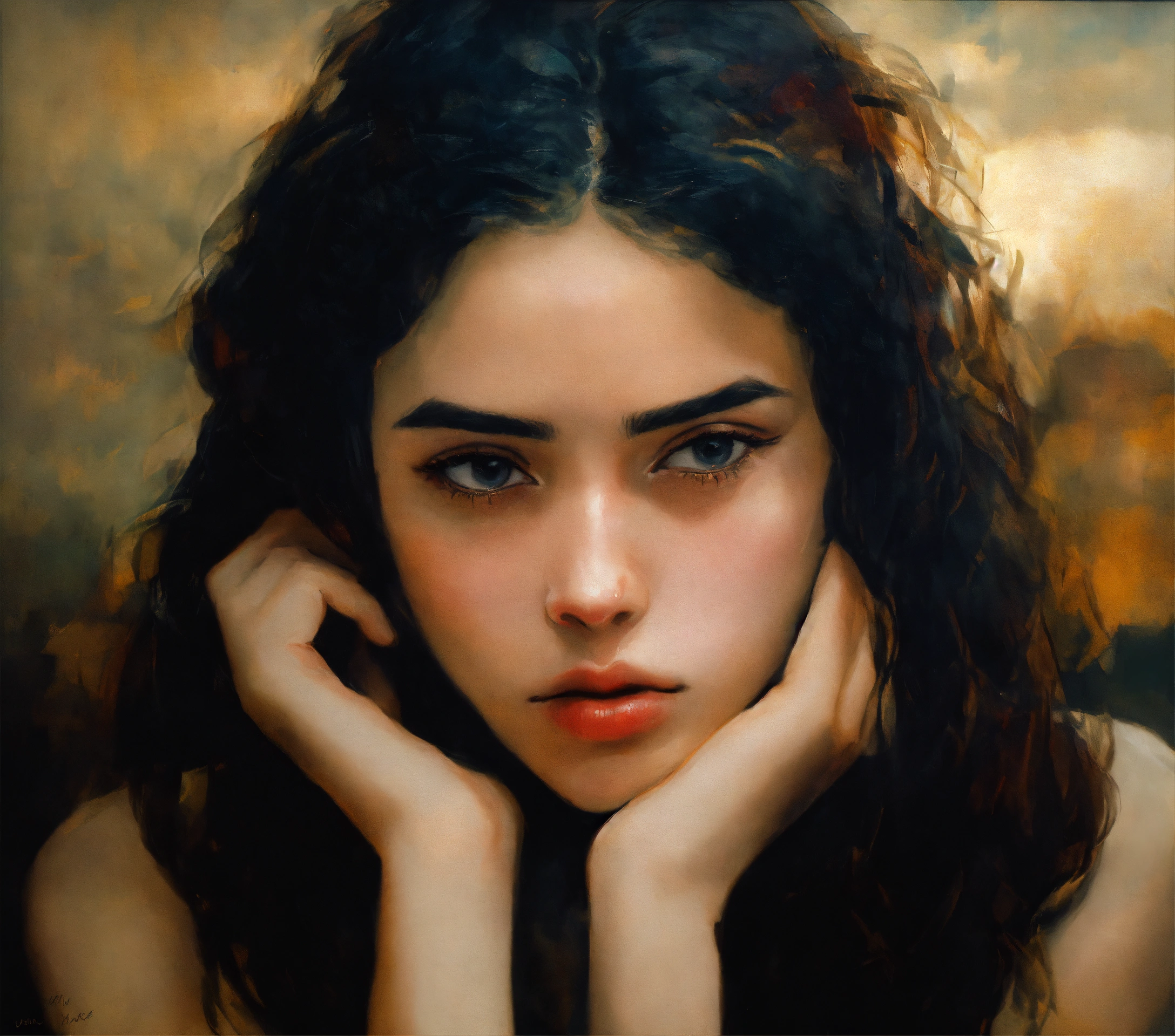 Lexica - A young woman cradling her face with a melancholic expression