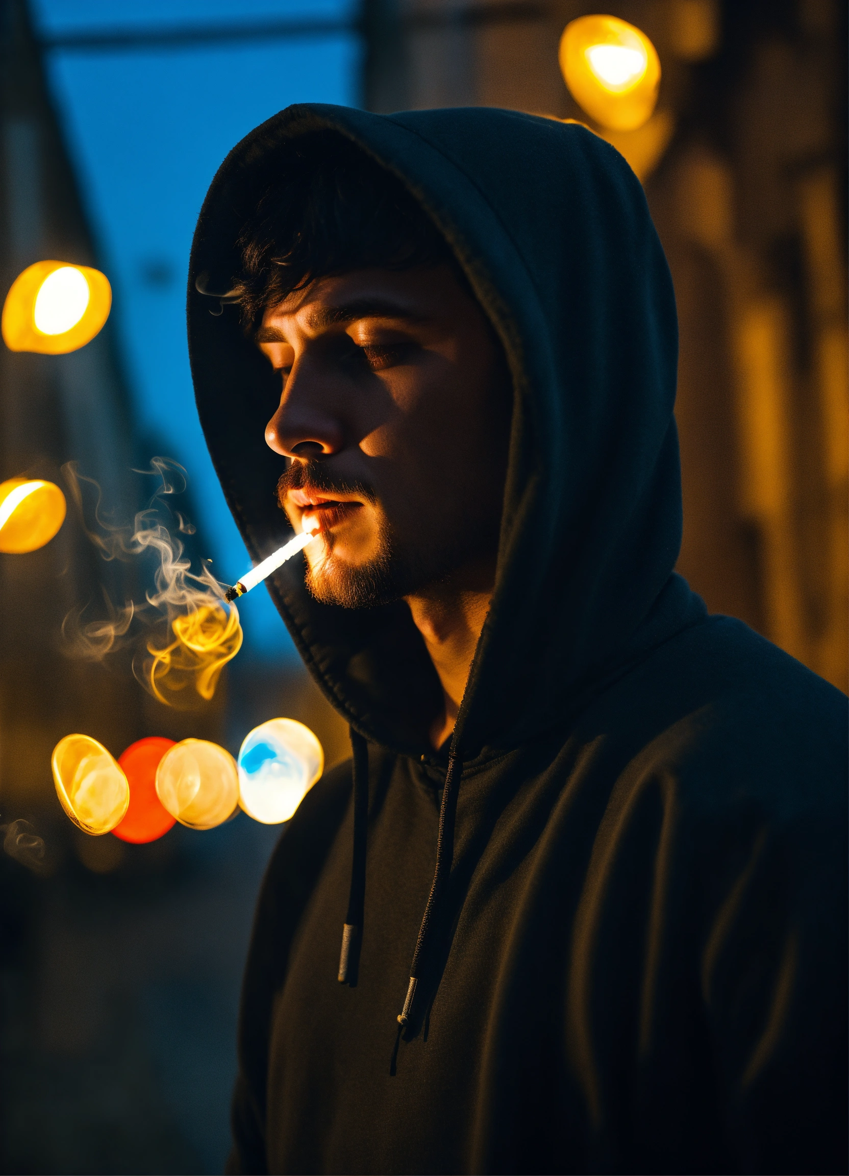 Lexica - Russian man with black hair in hoodie, smoking a cigarette in ...