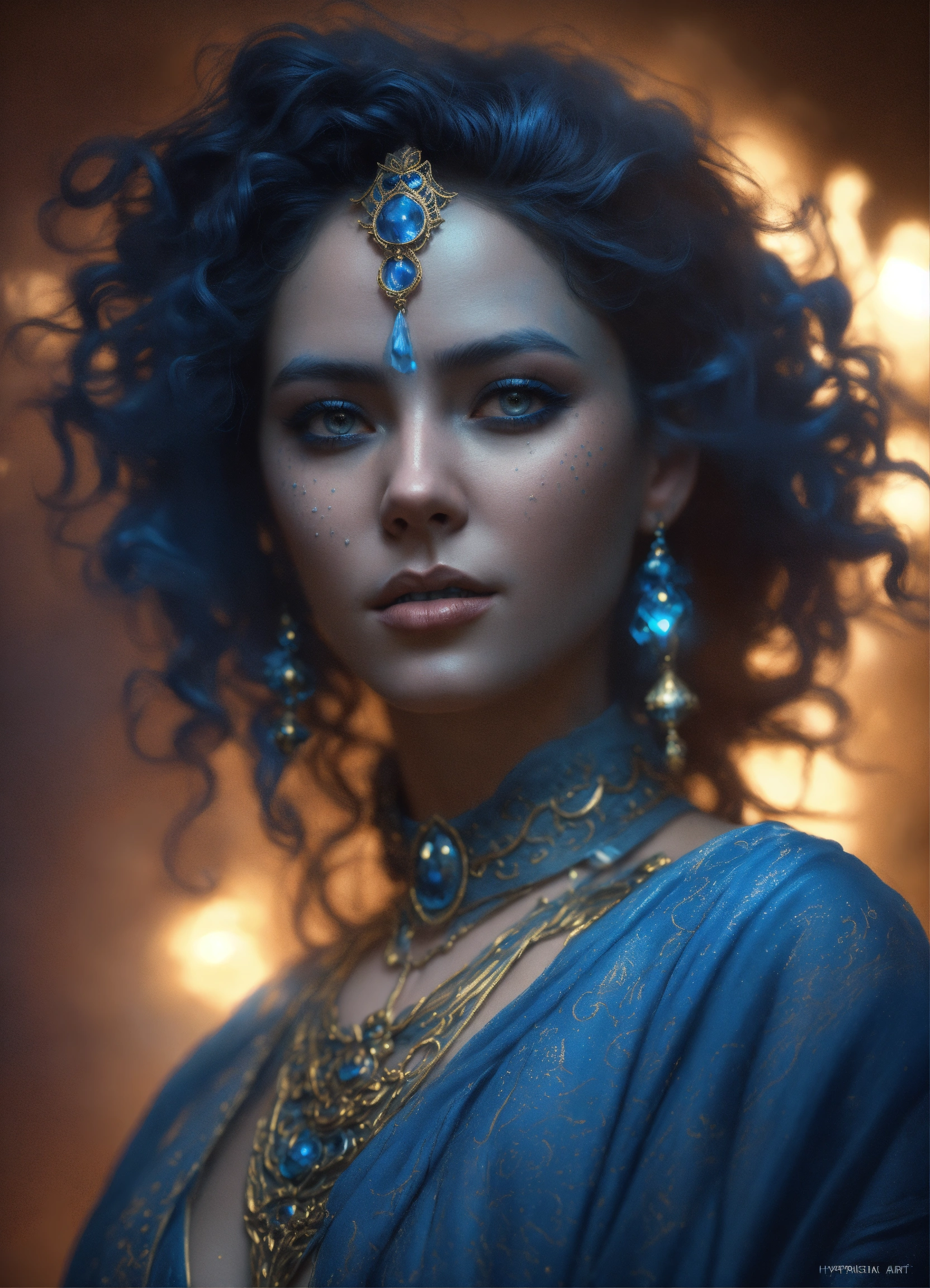 Lexica - "ethereal female genie with blue skin", huge curly hair, magic ...