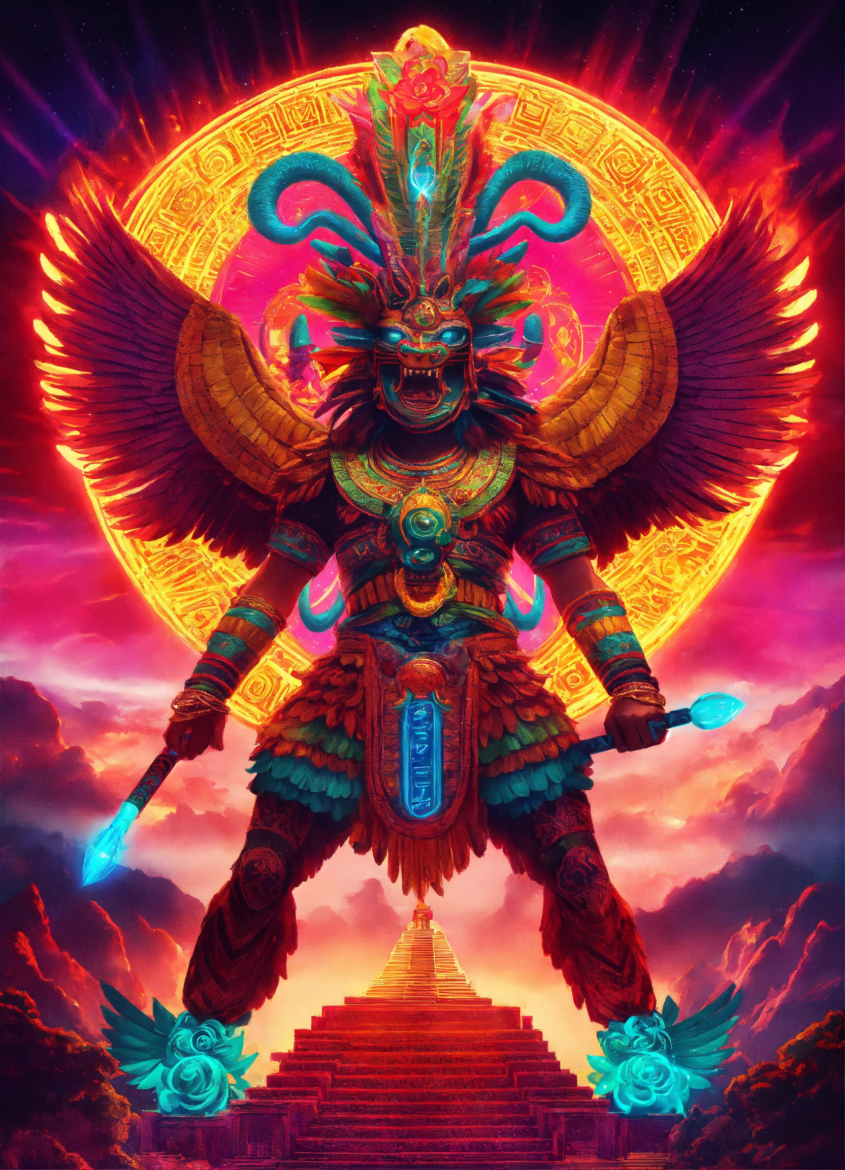 Lexica - Aztec God Quetzalcoatl dancing in electric neon gleam with DMT ...