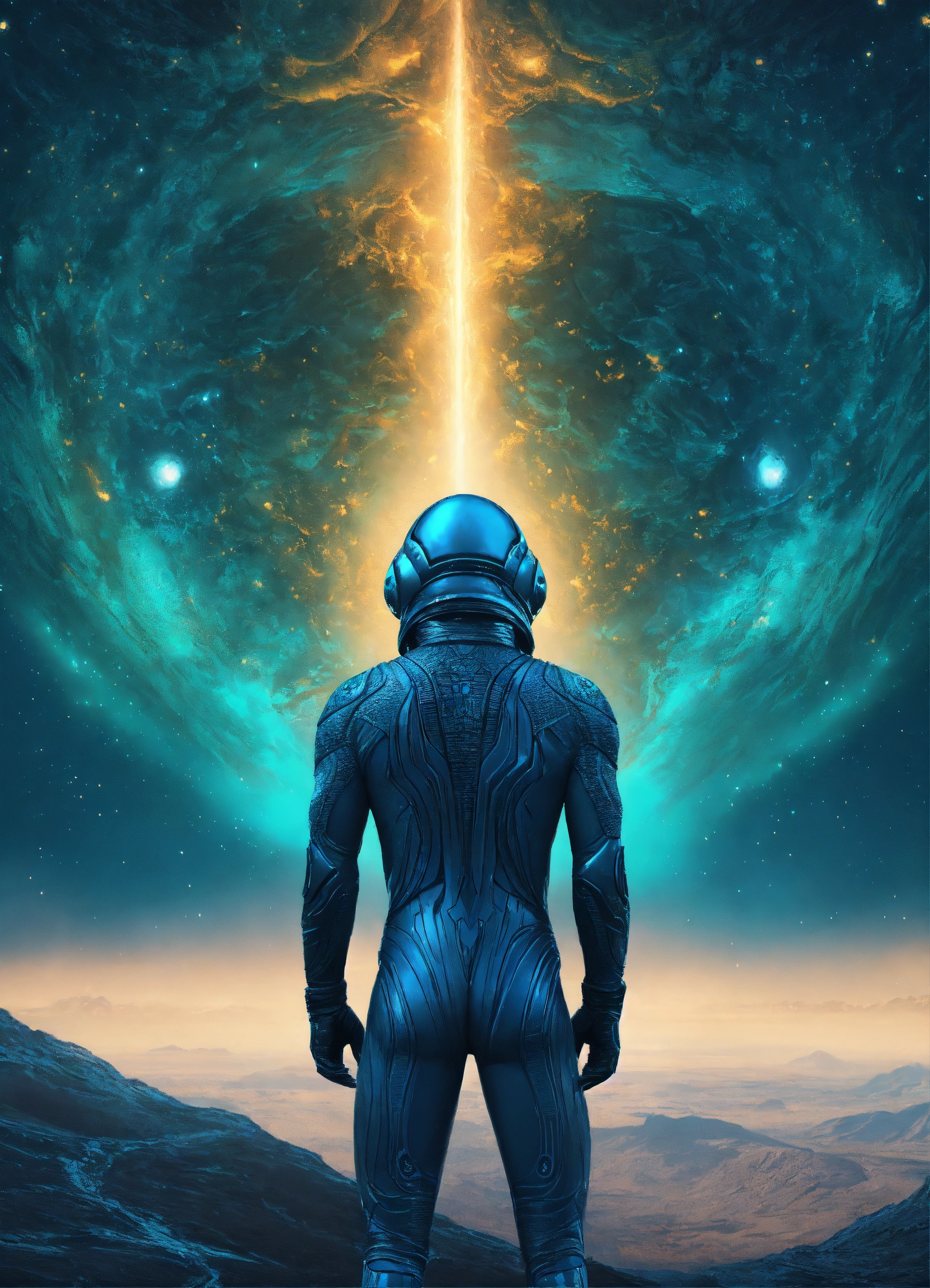 Lexica - Alienrace Alien man, from behind, looking out of the cosmic ...