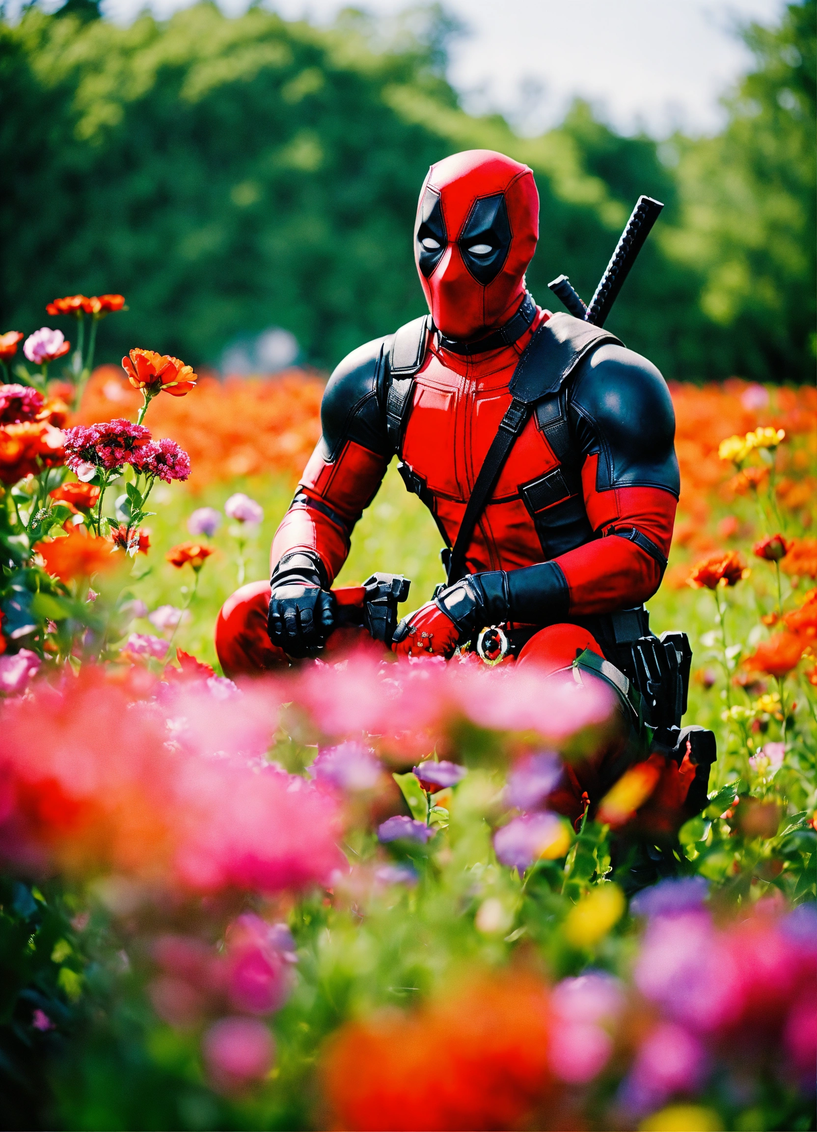 Lexica - Happy Deadpool standing in a beautiful field of flowers ...