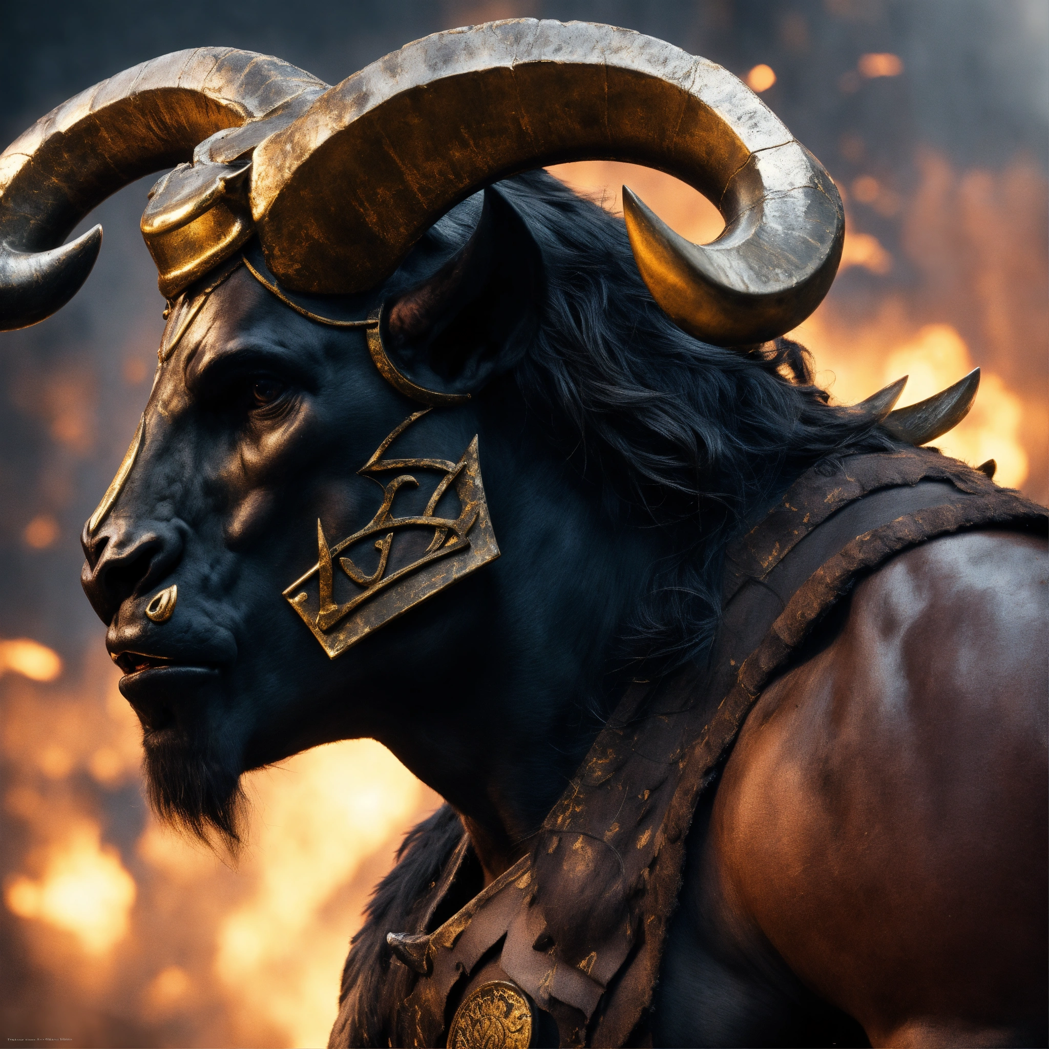 Lexica - Black minotaur, broken horn, holding great axe, profile close ...