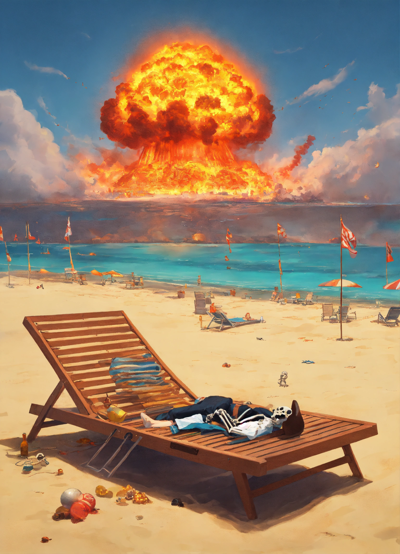 Lexica - Beach, a skeleton lies on a sun lounger, a large nuclear ...