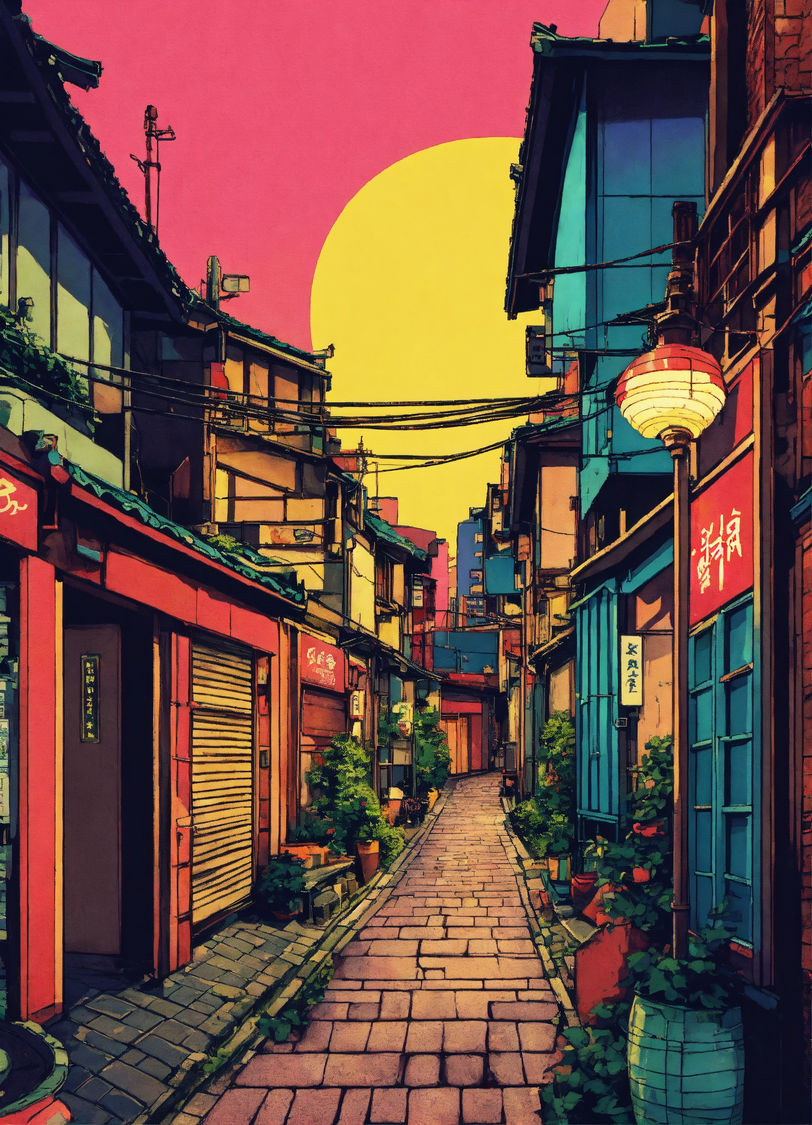 Lexica - A pop art illustration of a Tokyo alley medieval 8k quality.