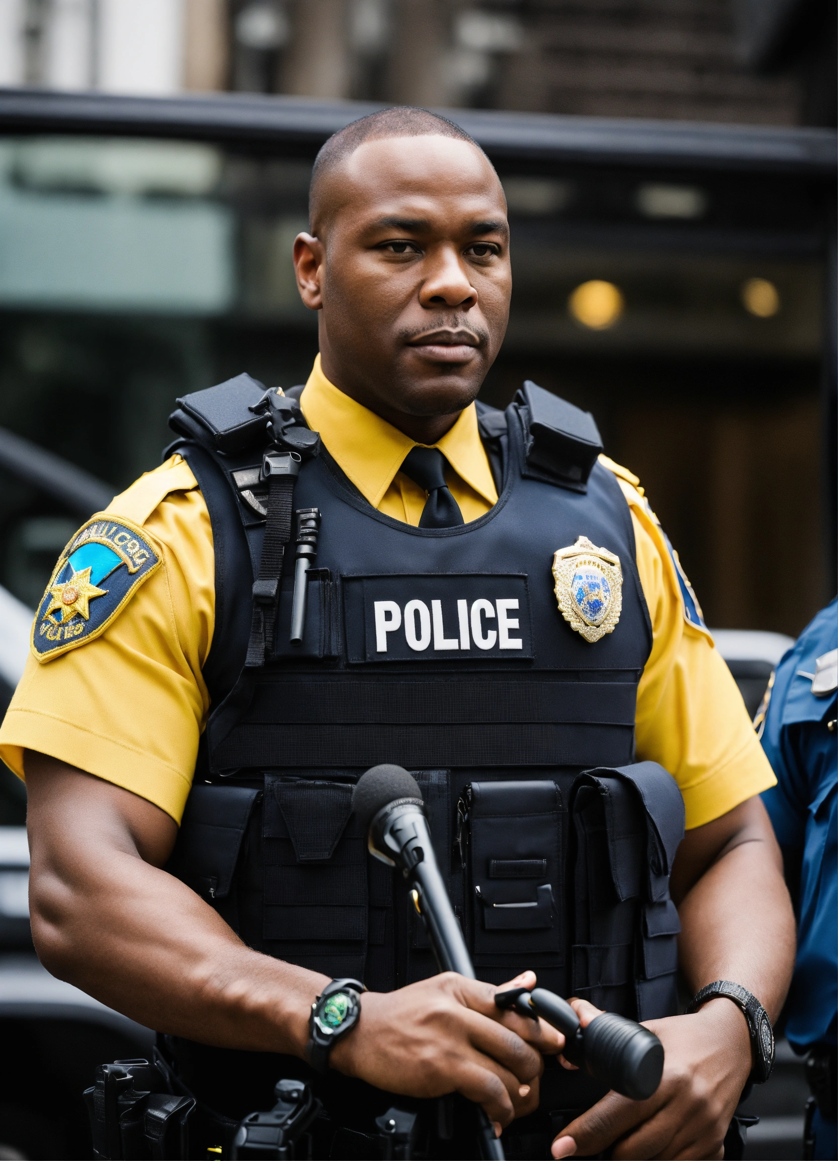 Lexica - Black man police officer, strong, wearing a vest and badge ...