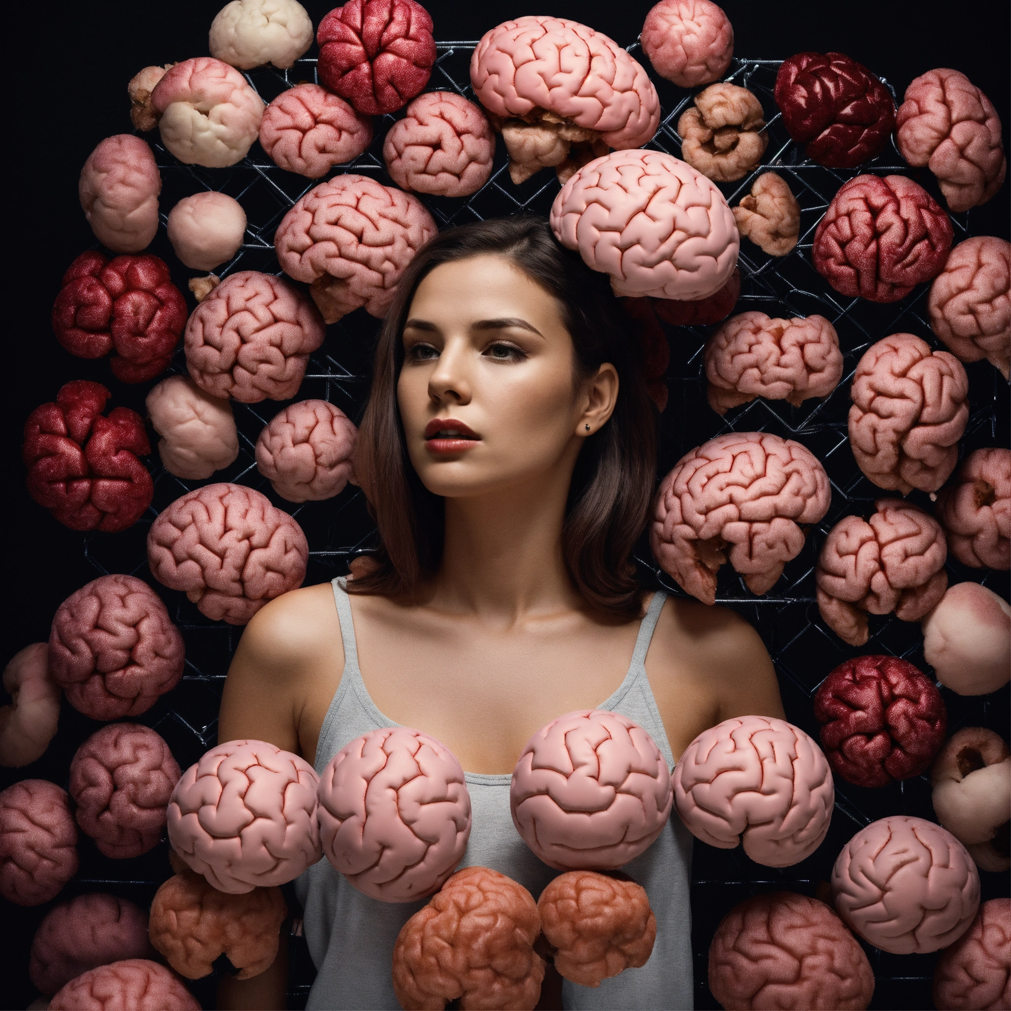 Lexica - Woman racks her brains and can't make a decision, black background, a lot of empty ...