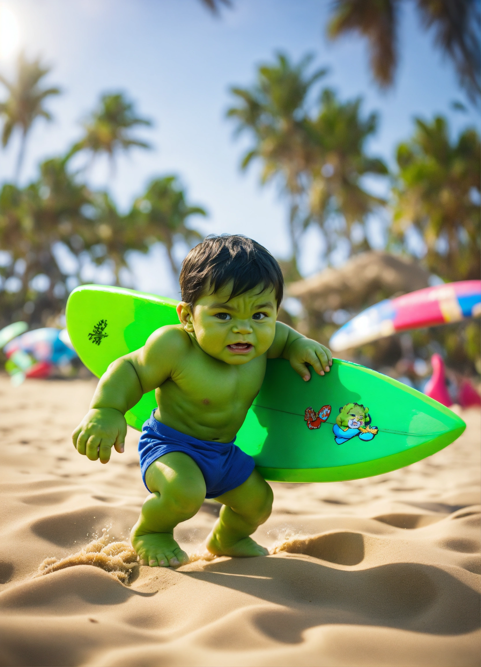 Lexica - Hulk super baby surfing on beach realistic clear focus camera