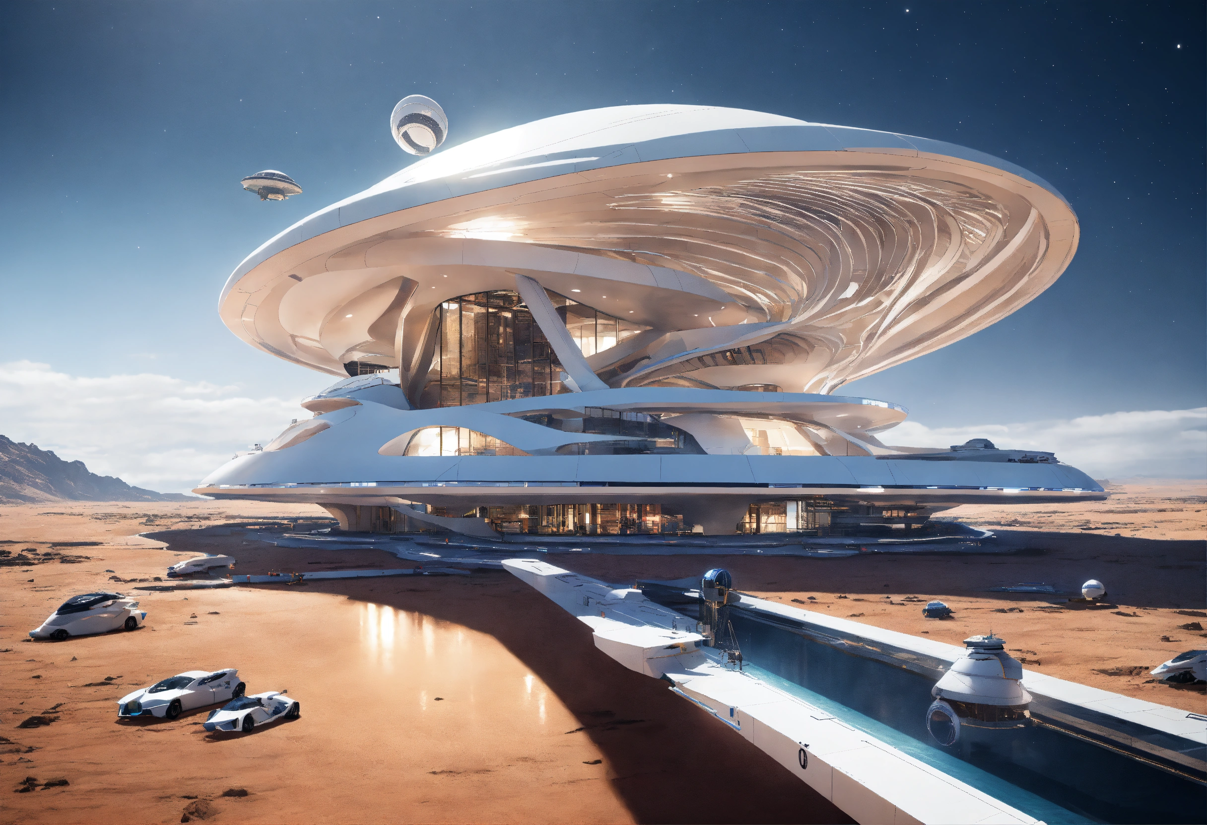Lexica - Incredible white 360 spaceport orbiting in space, zaha hadid ...