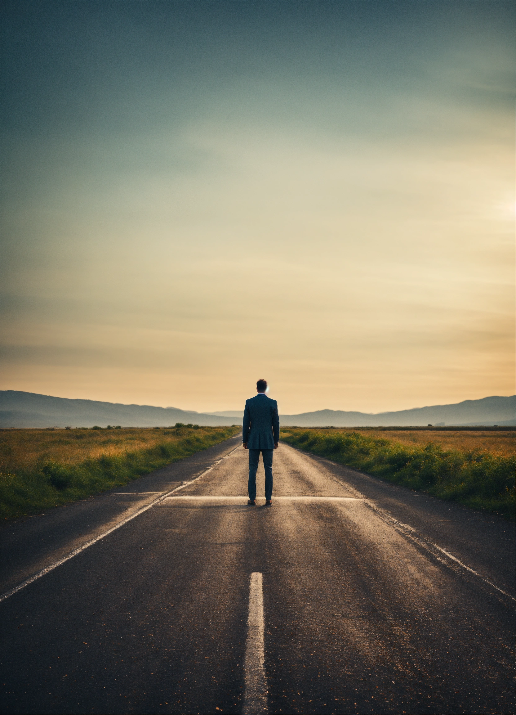 Lexica - The back of one man standing on the left side of an empty road ...