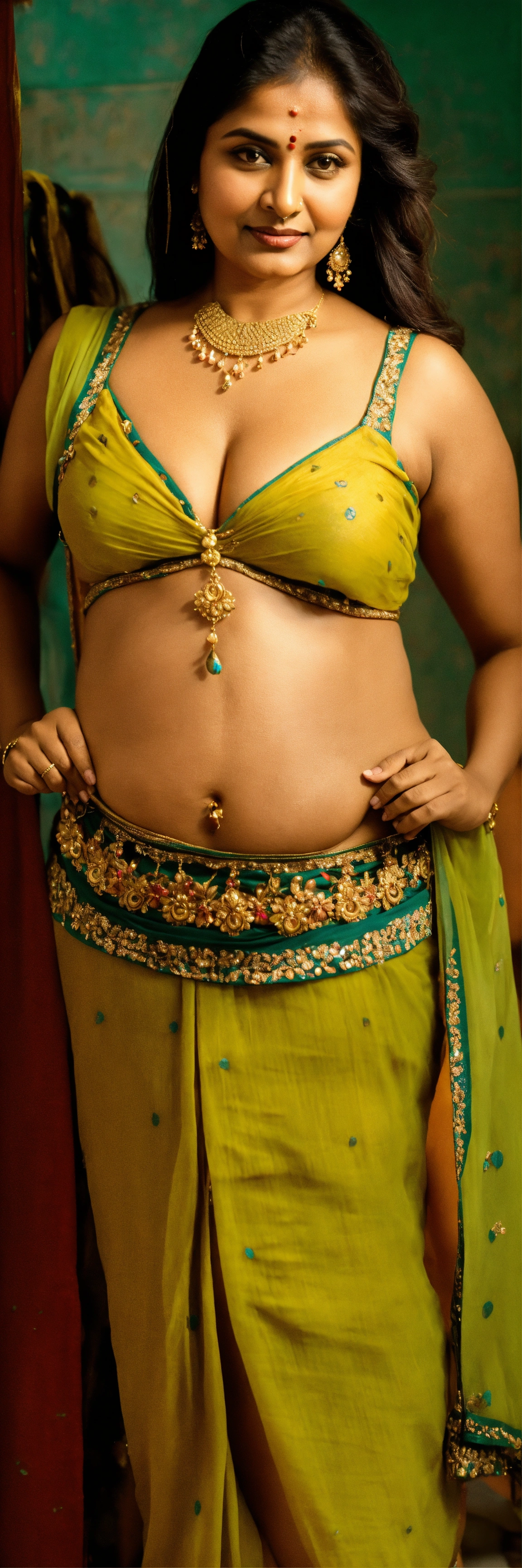Lexica - A cute Indian aunty without any jewellery, barely dressed , chest line visible, belly ...