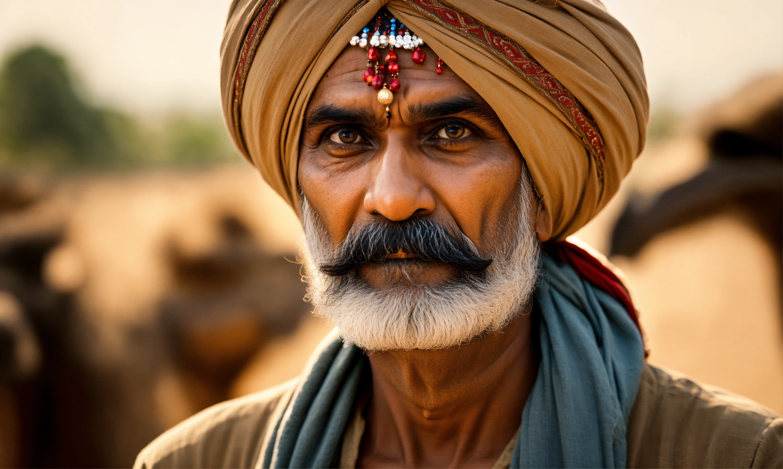 Lexica - A 60 year old indian man with turban, on camel, staring ...