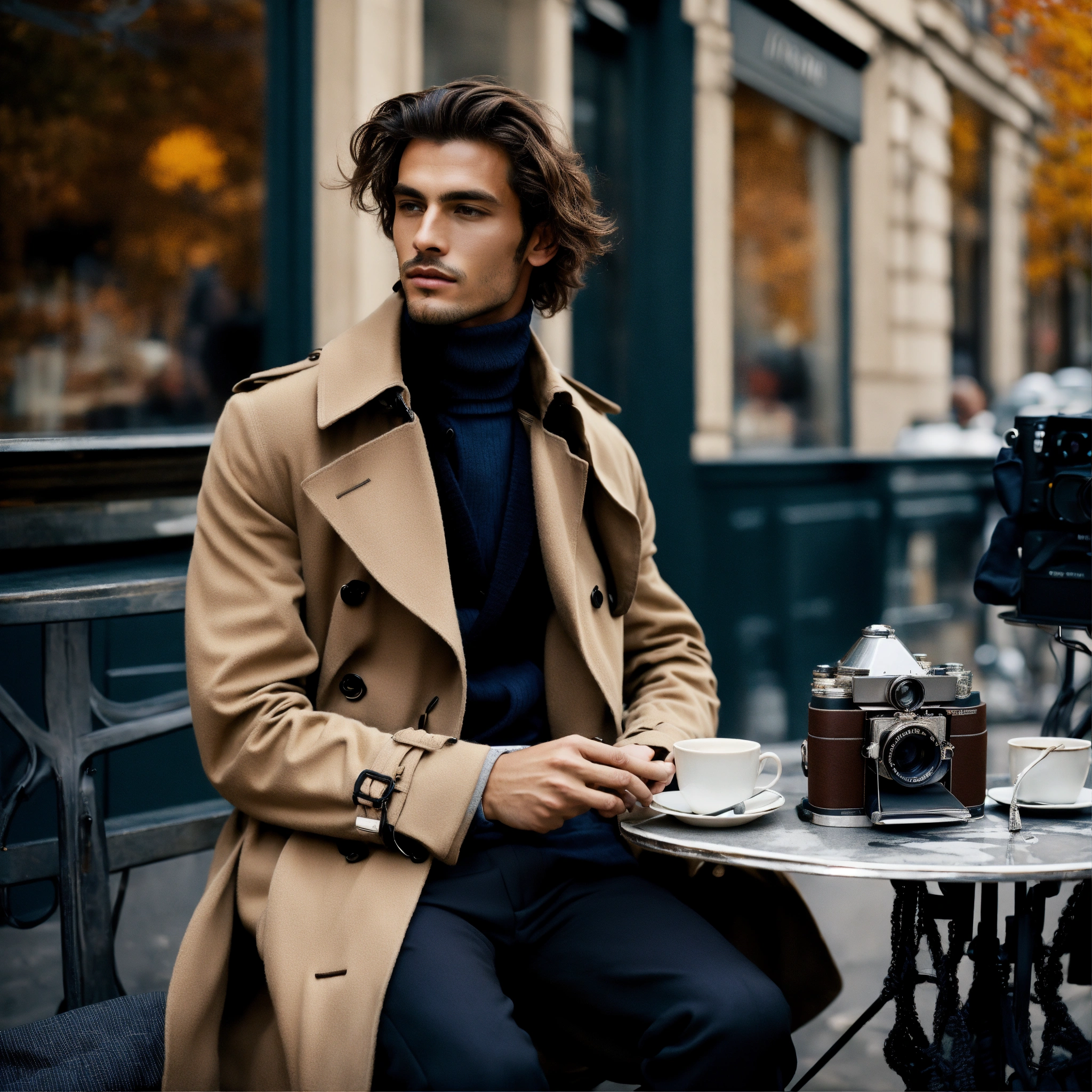 Lexica - On a Parisian café terrace, a male model with artfully tousled ...