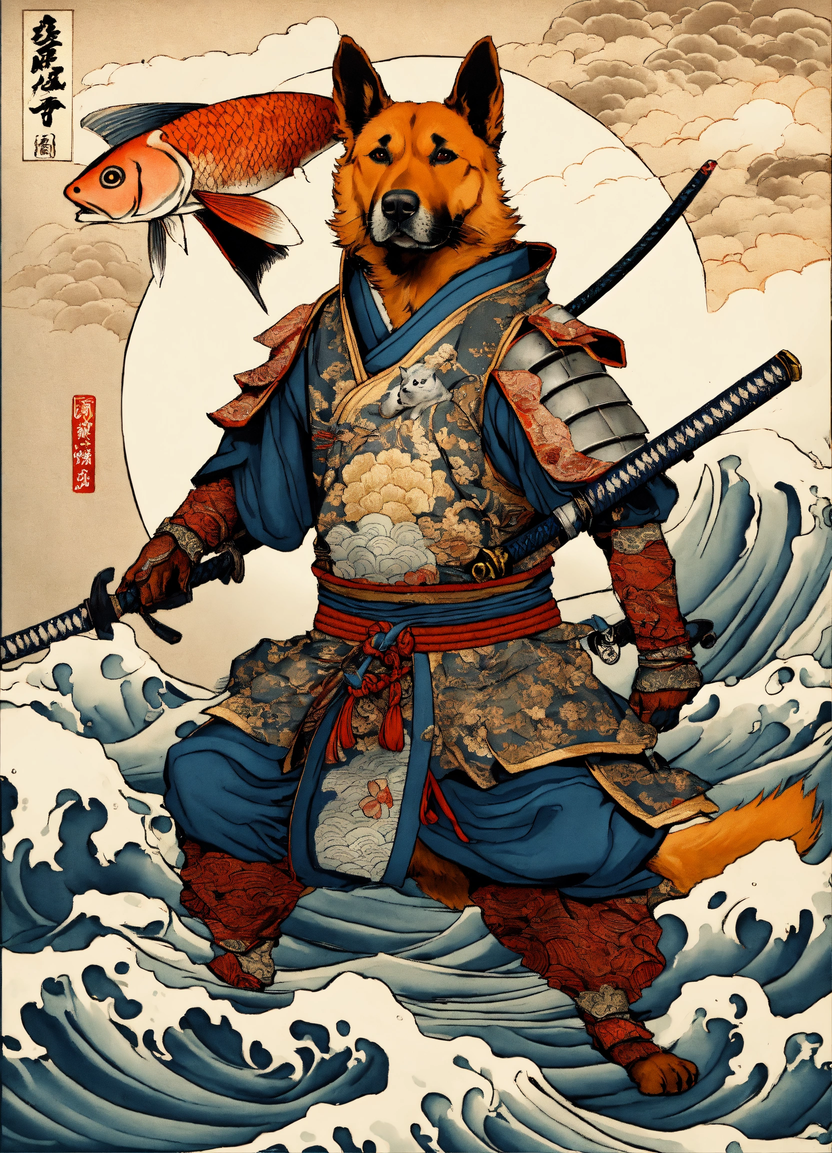 Lexica - There is a dog with a fish and a sword on a white background ...