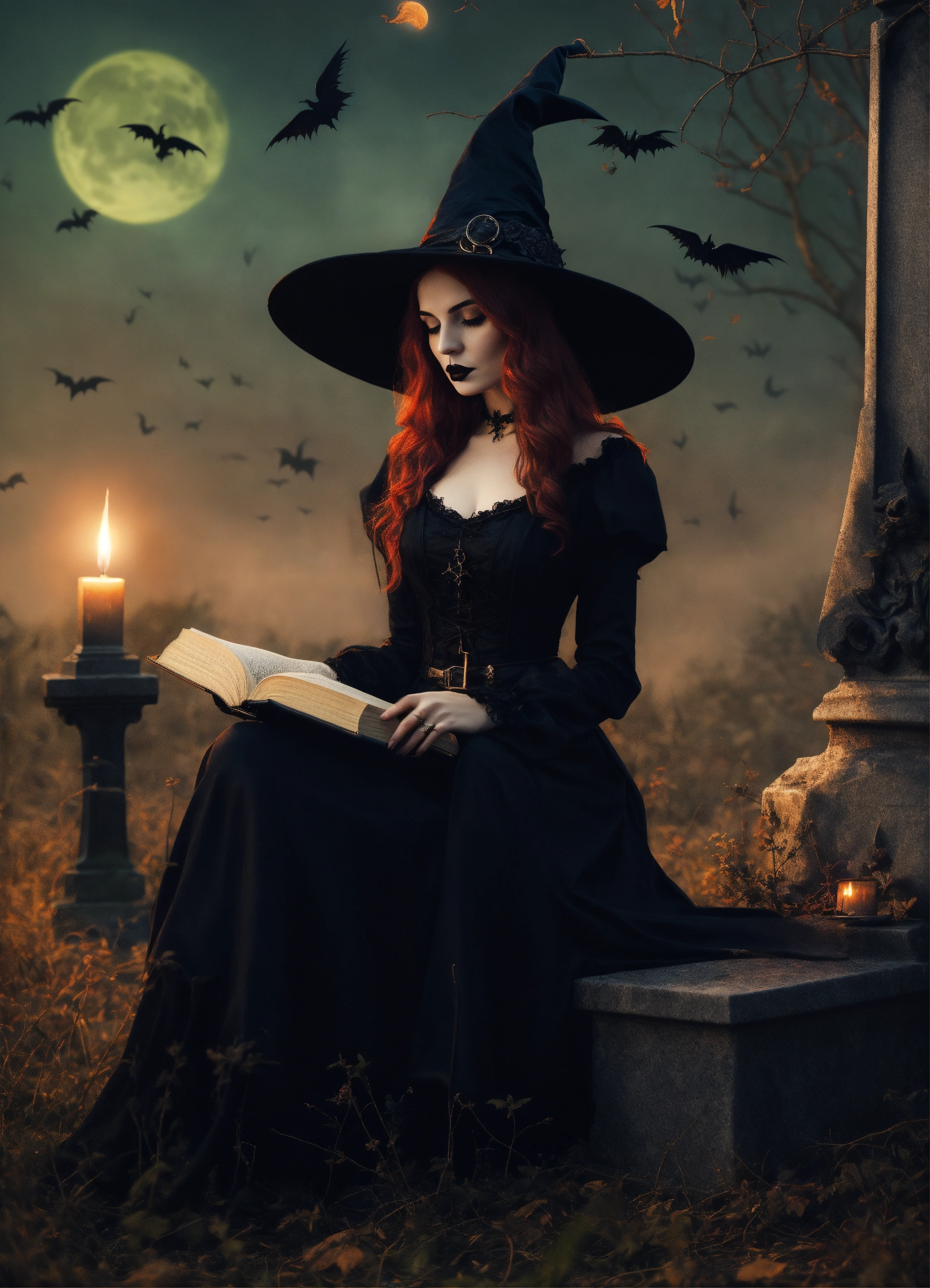 Lexica - Witch sitting on a grave reading a book, Vintage Gothic Dark ...