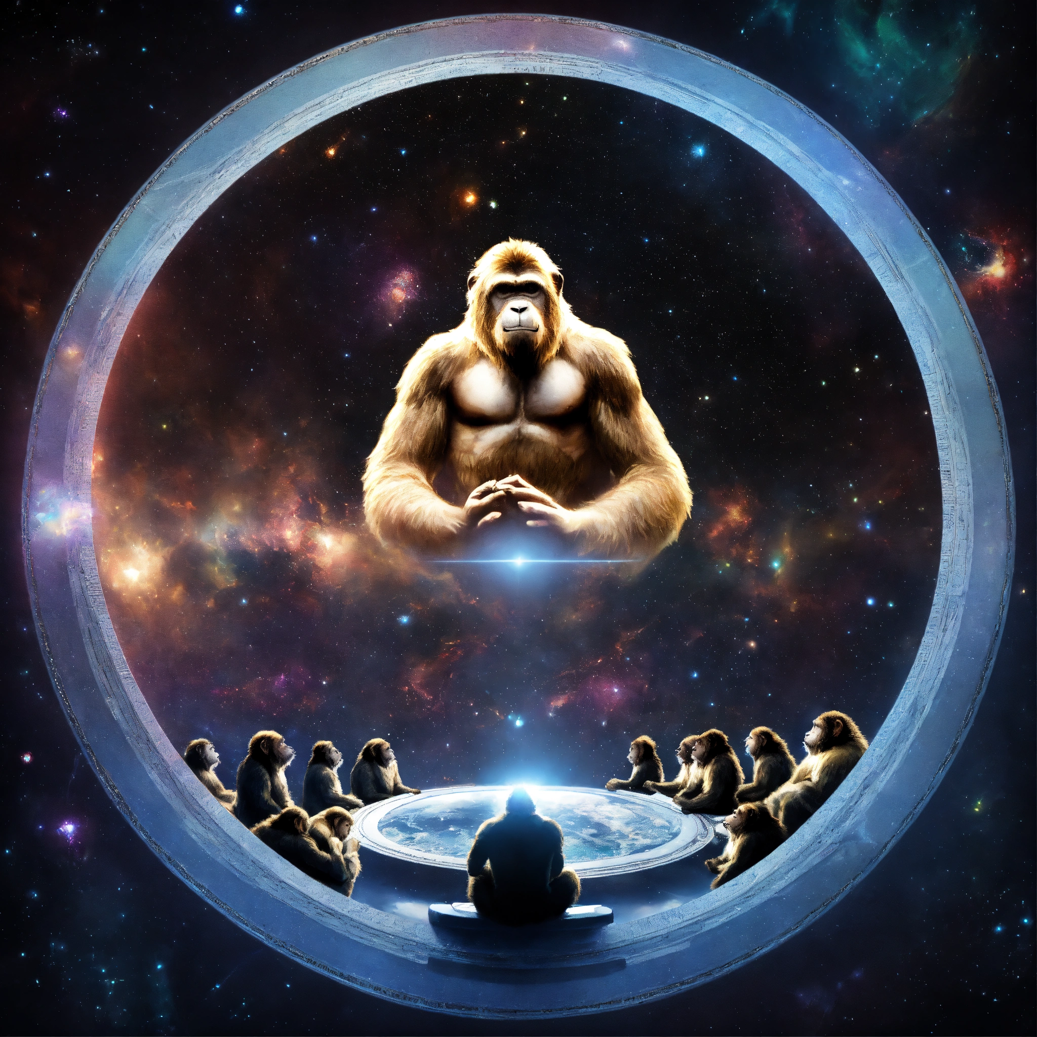 Lexica - Apes praying to a human god in space, in circle image ...