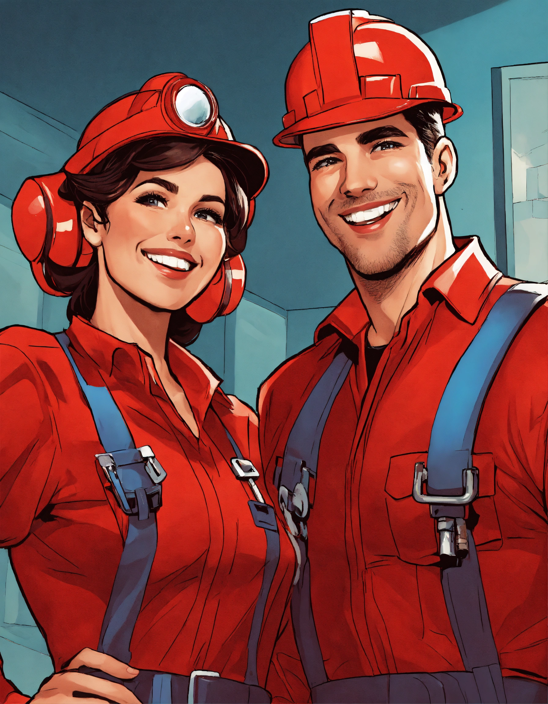 Lexica - Close up of two heroic plumbers in a red outfit and red hard ...