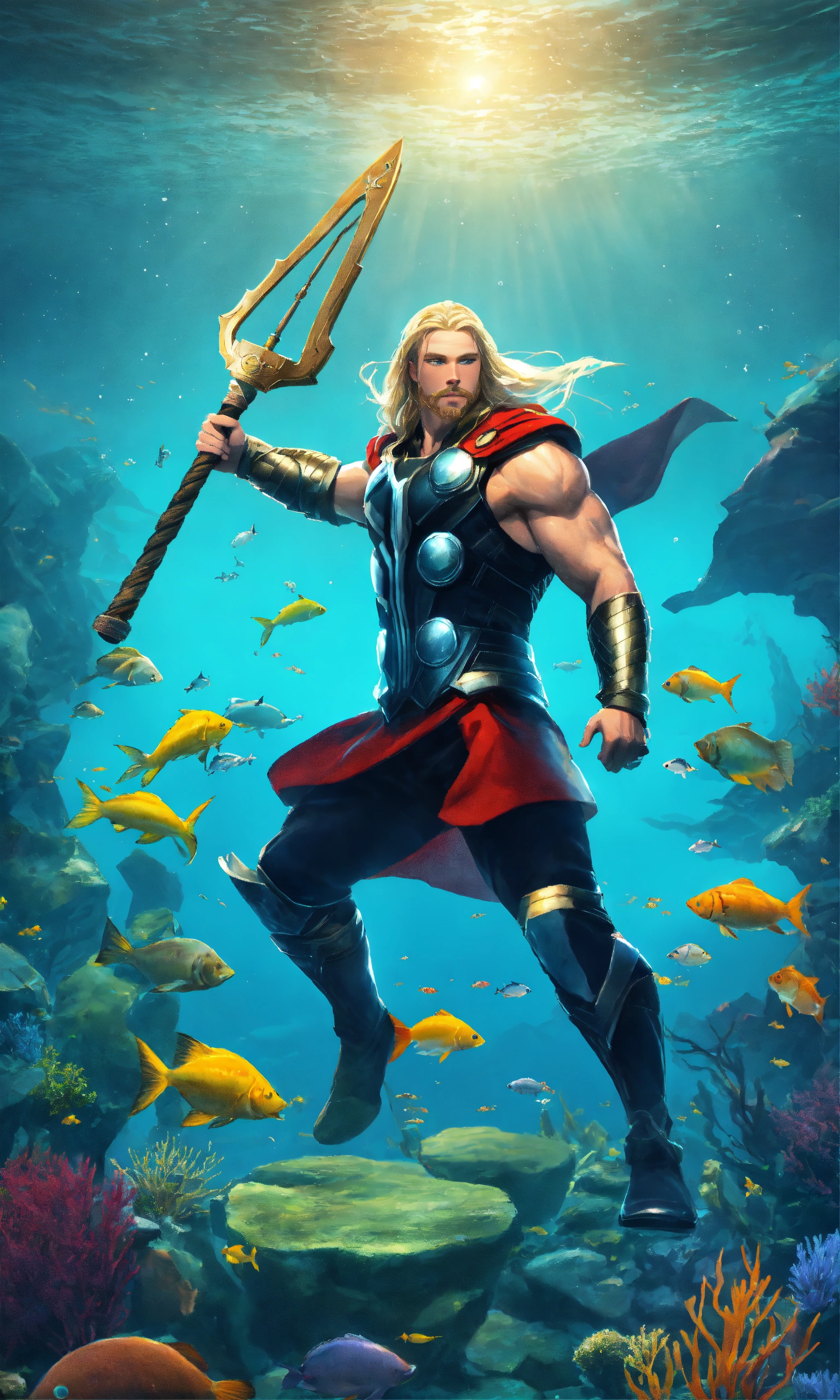 Lexica - Thor with fish underwater in the ocean, nature background, 2D ...
