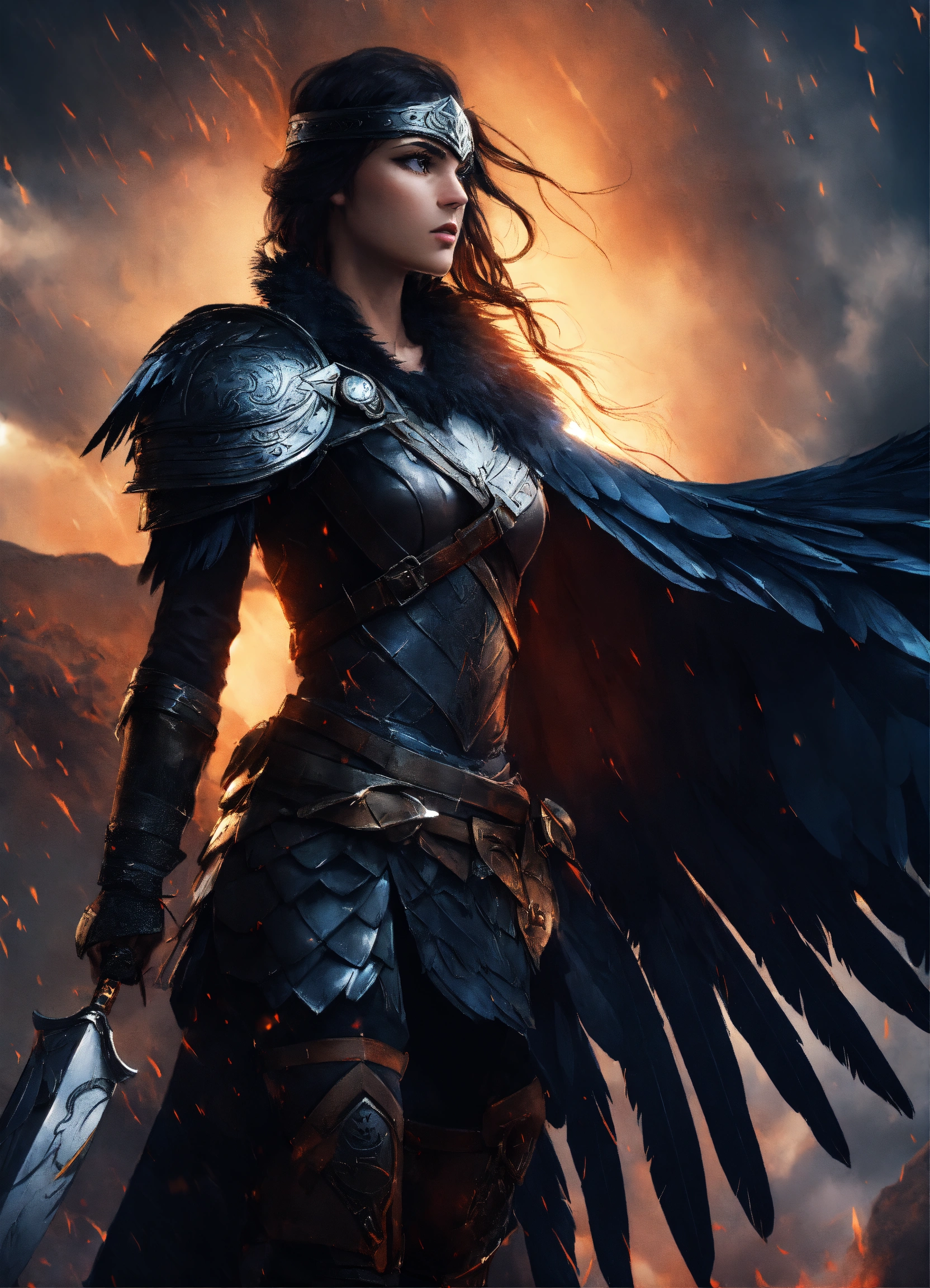 Lexica - Valkyrie, raven , black bird background, dramatic, lightning ...