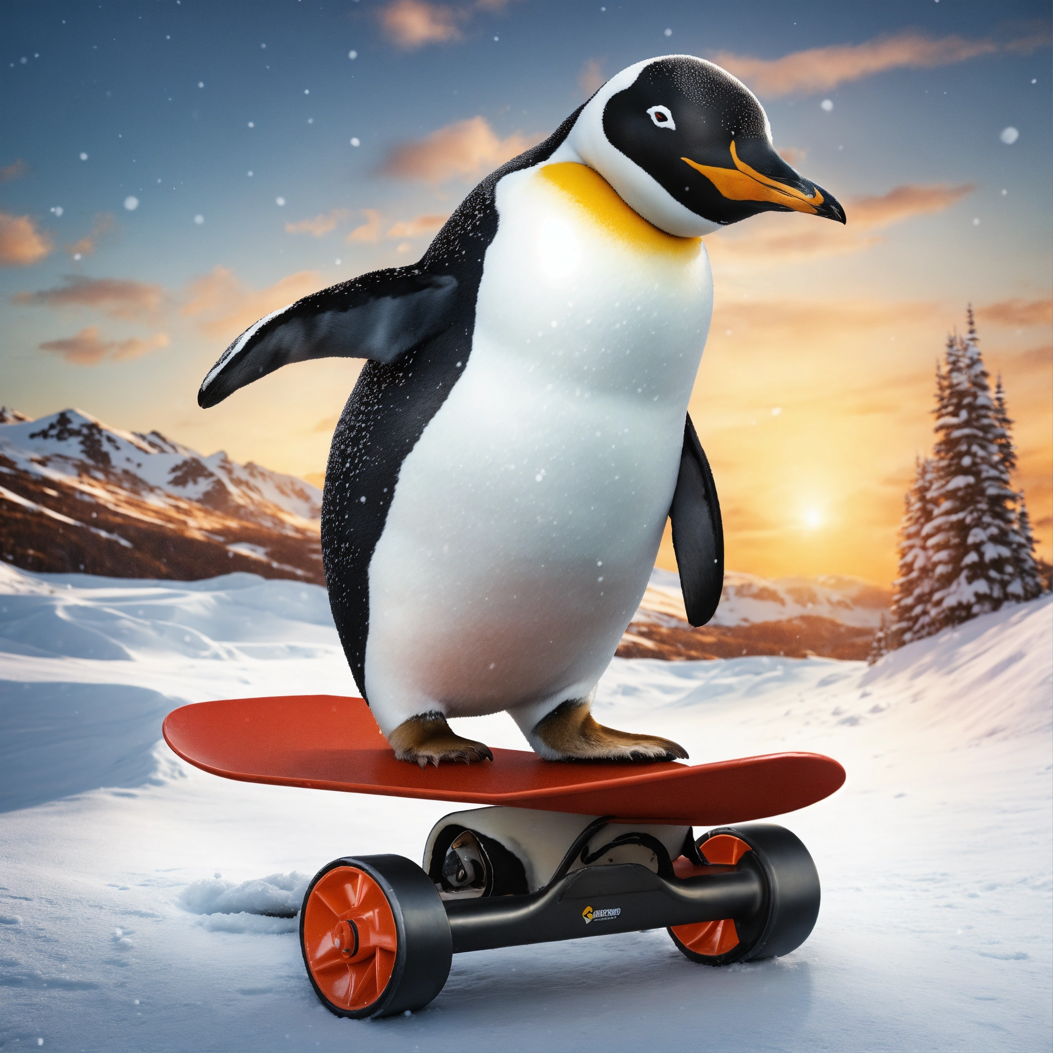 Lexica - Realistic penguin ride on snowboard slide on rail