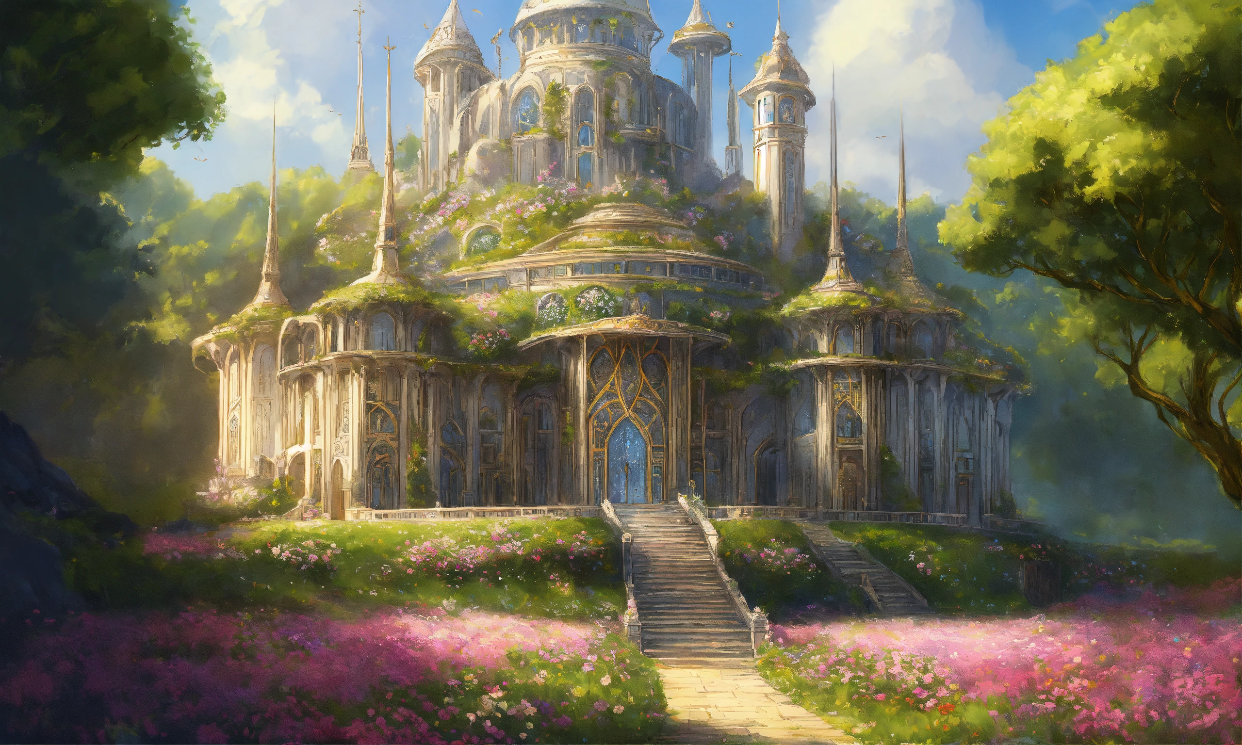 Lexica - Drawing of a fully shown elegant high elf sci fi palace in a ...