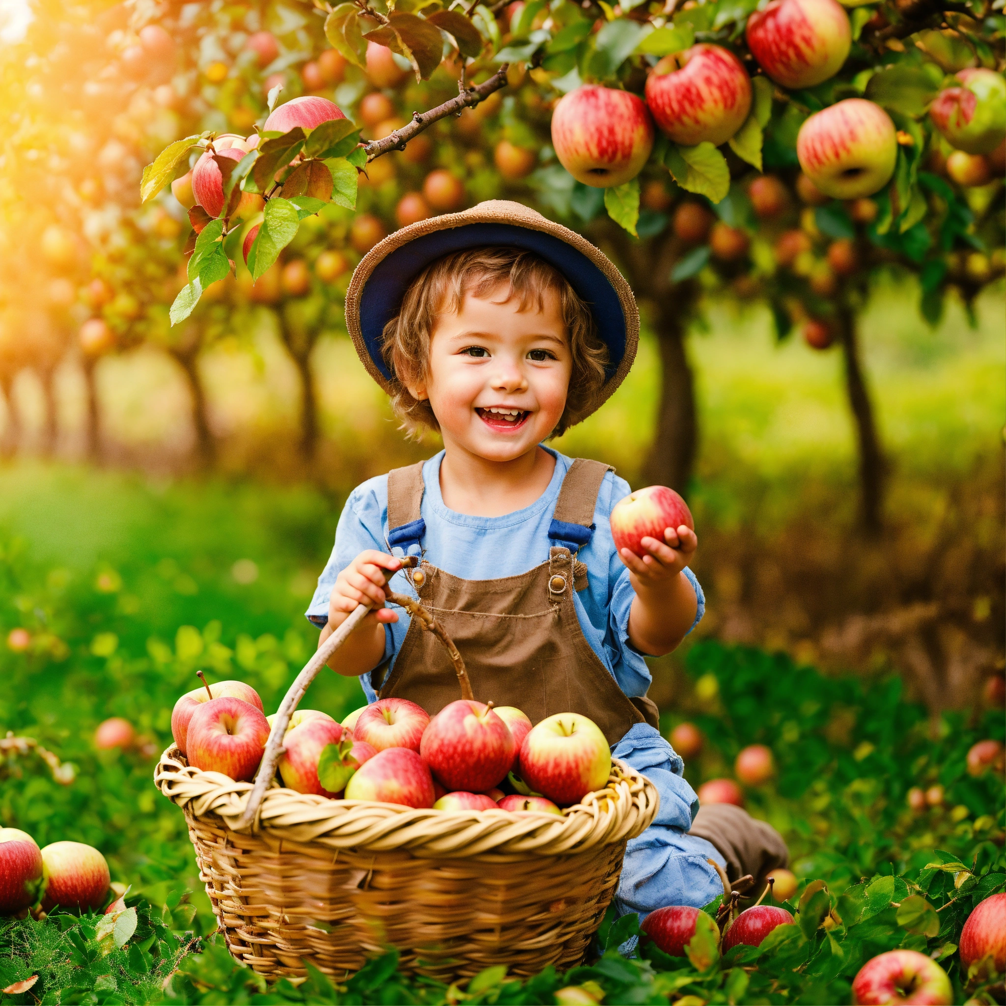 Lexica - Playful child as a fruit picker in an orchard. joyfully ...