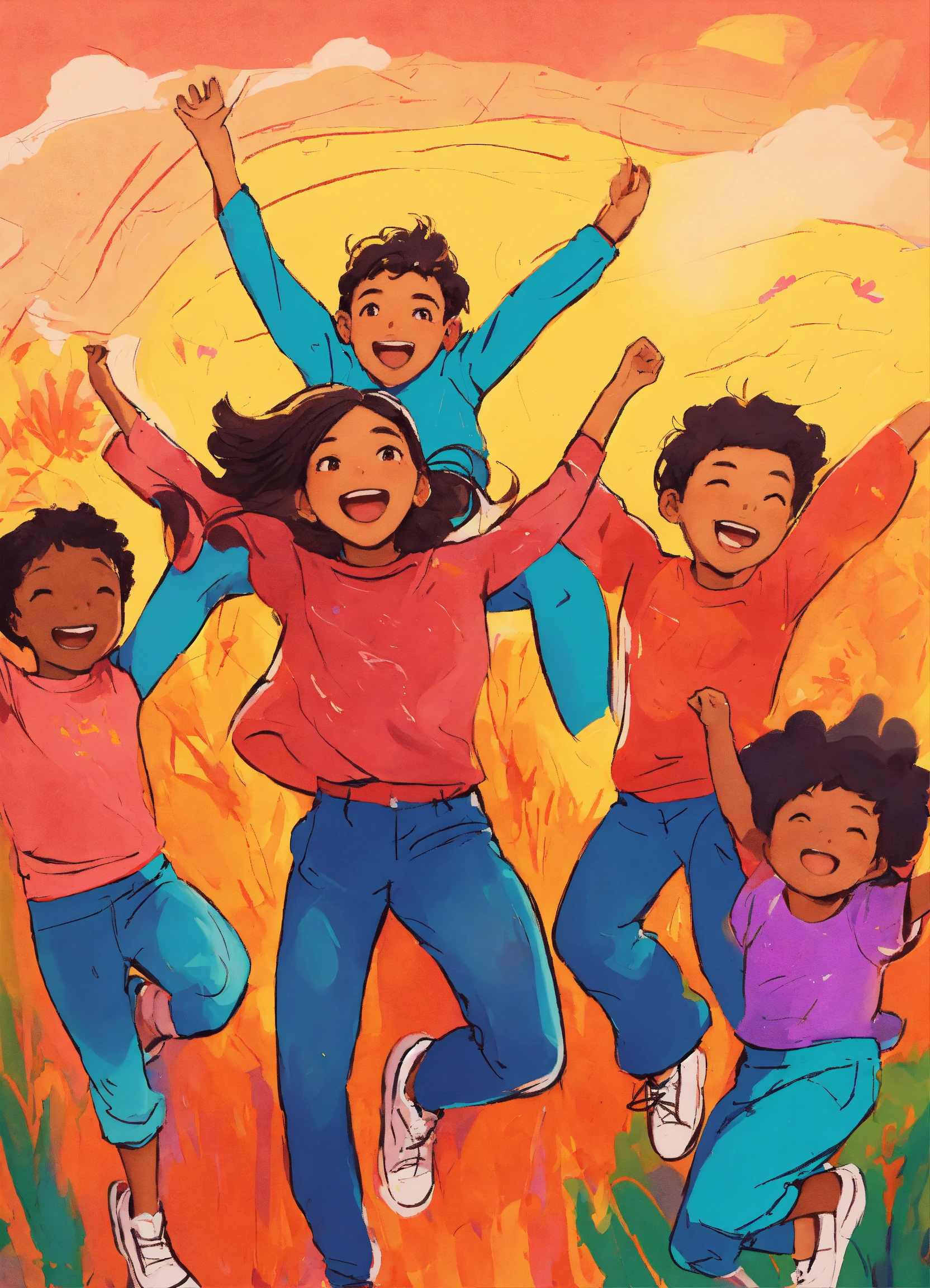 Lexica - A hand drawn painting of a group of Latino children, jumping ...