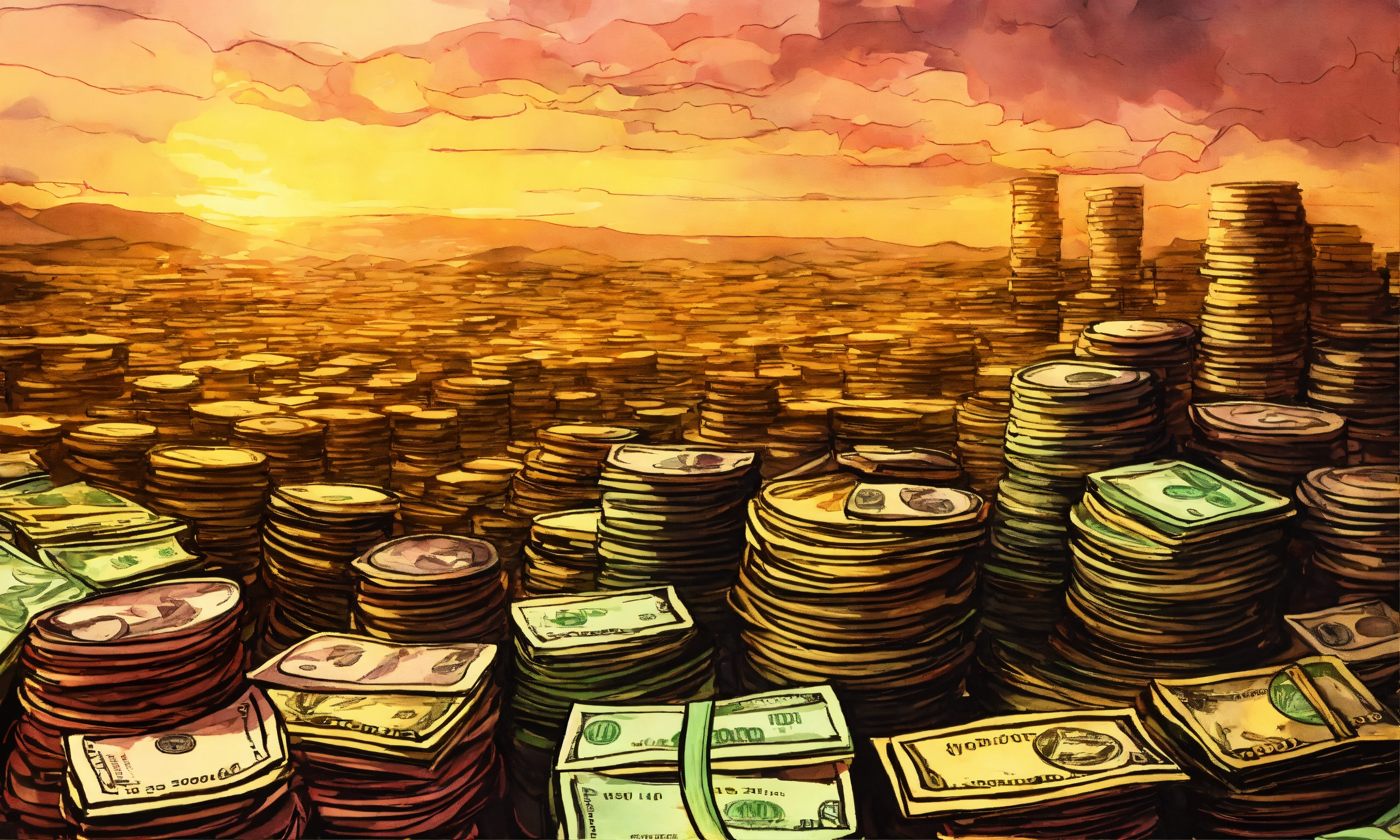 Lexica - A hand drawn painting of many stacks of money on a big table ...