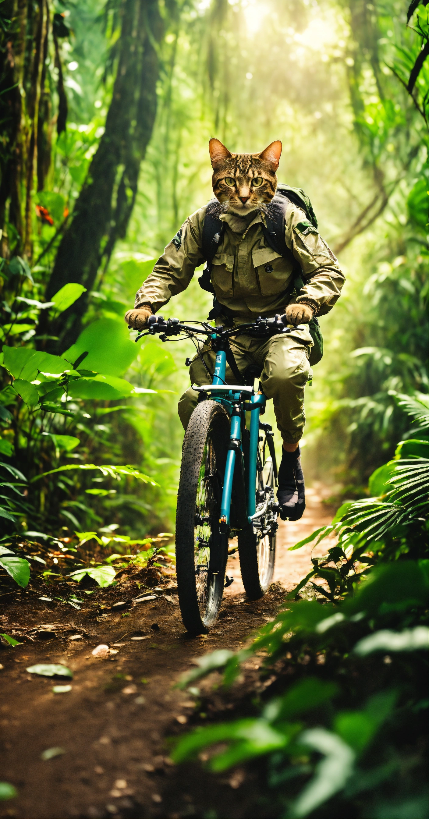 Lexica - Create an image of a cat biking through a lush rainforest as a ...
